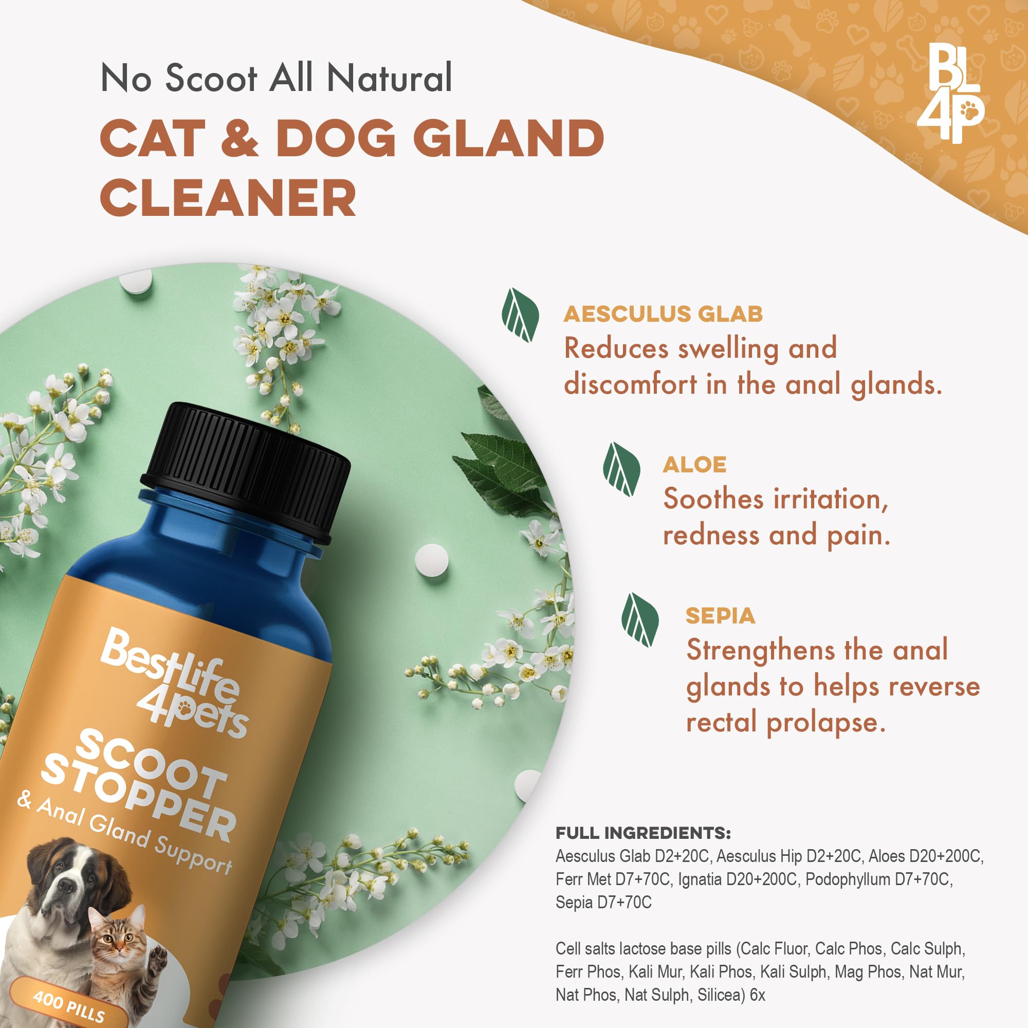 Scoot Stopper and Anal Gland Support for Dogs and Cats - 100% Natural Relief for Dog and Cat Constipation, Rectal Prolapse, Itching, Inflammation, Bum Scooting and Difficult Pooping - 400 Small Pills