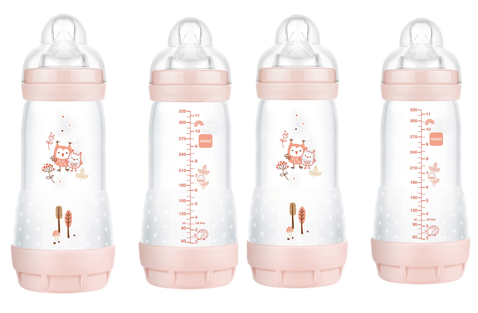 MAM Easy Start Anti-Colic Fast Flow Bottles, 11 oz. (4-Count), Easy Switch Between Breast and Bottle, Reduces Air Bubbles and Colic, 4+ Months, Matte/Girl