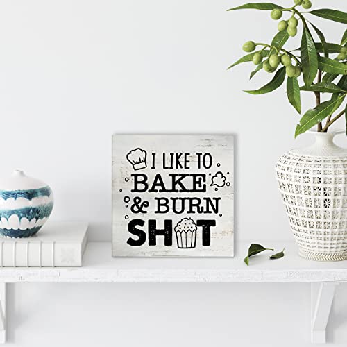 Rustic I Like to Bake & Burn Wood Box Sign Funny Kitchen Wooden Box Sign Farmhouse Home Kitchen Desk Shelf Decor (5 X 5 Inch)