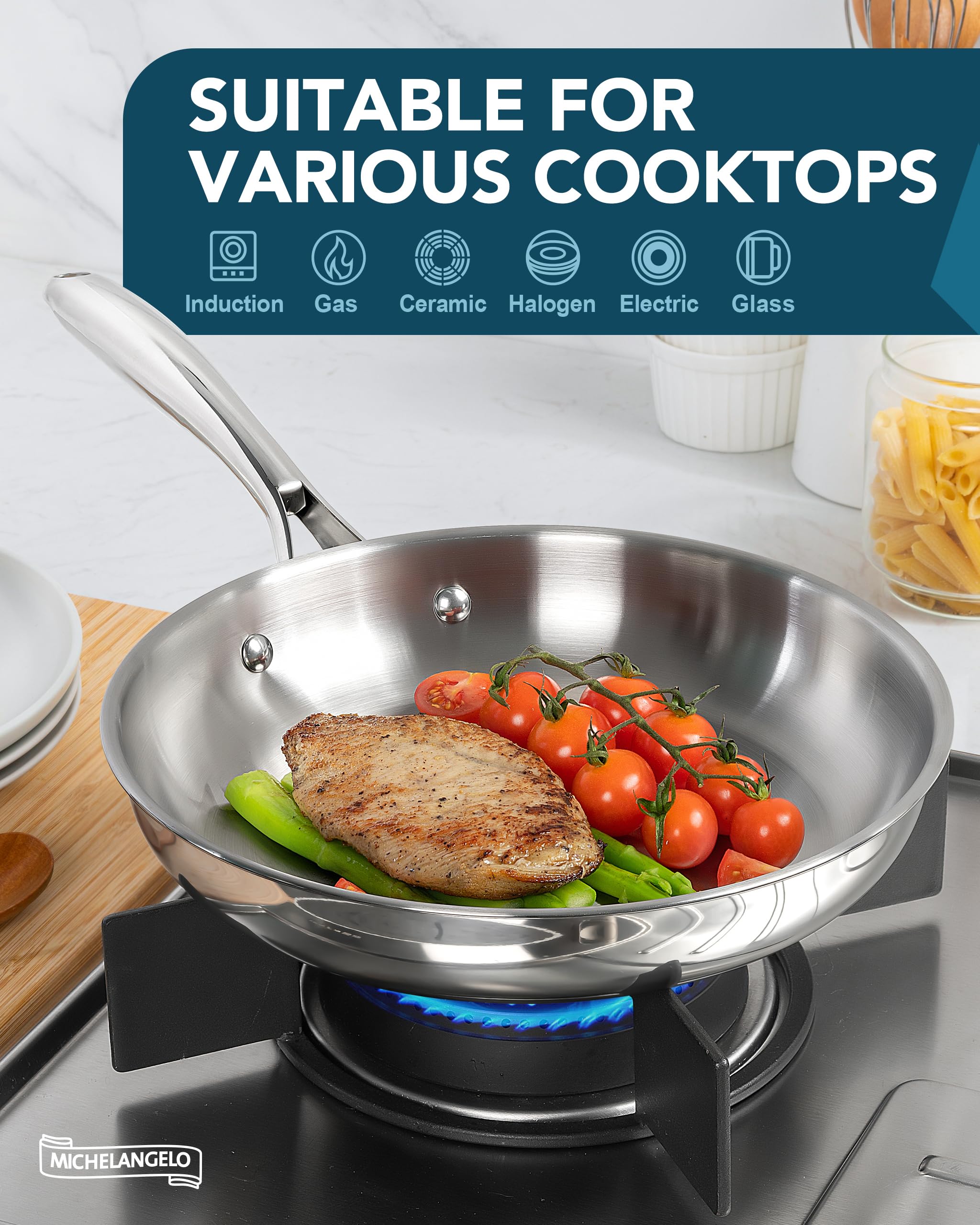 MICHELANGELO Stainless Steel Frying Pan Set, 8" / 9.5" / 11" Cooking Pans, Triply Base Stainless Steel Pan Set with Ergonomic Handle, Induction Compatible