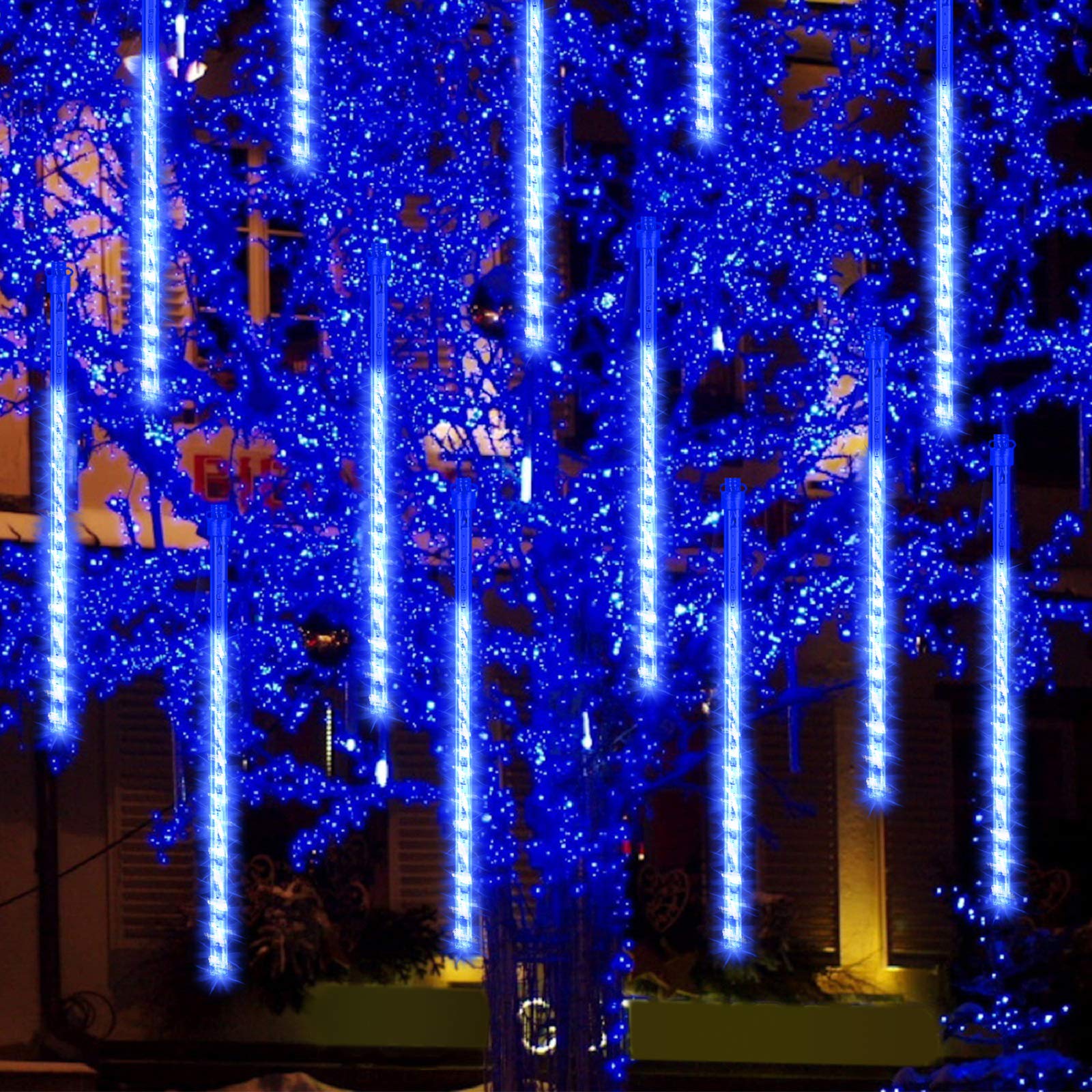 GPODER 50CM Shower Rain Lights, 576 LEDs Falling Rain Lights, 12 Waterproof Spiral Tubes Meteor Lights for Christmas Outdoor Garden House Window Xmas Tree Decoration(Blue)