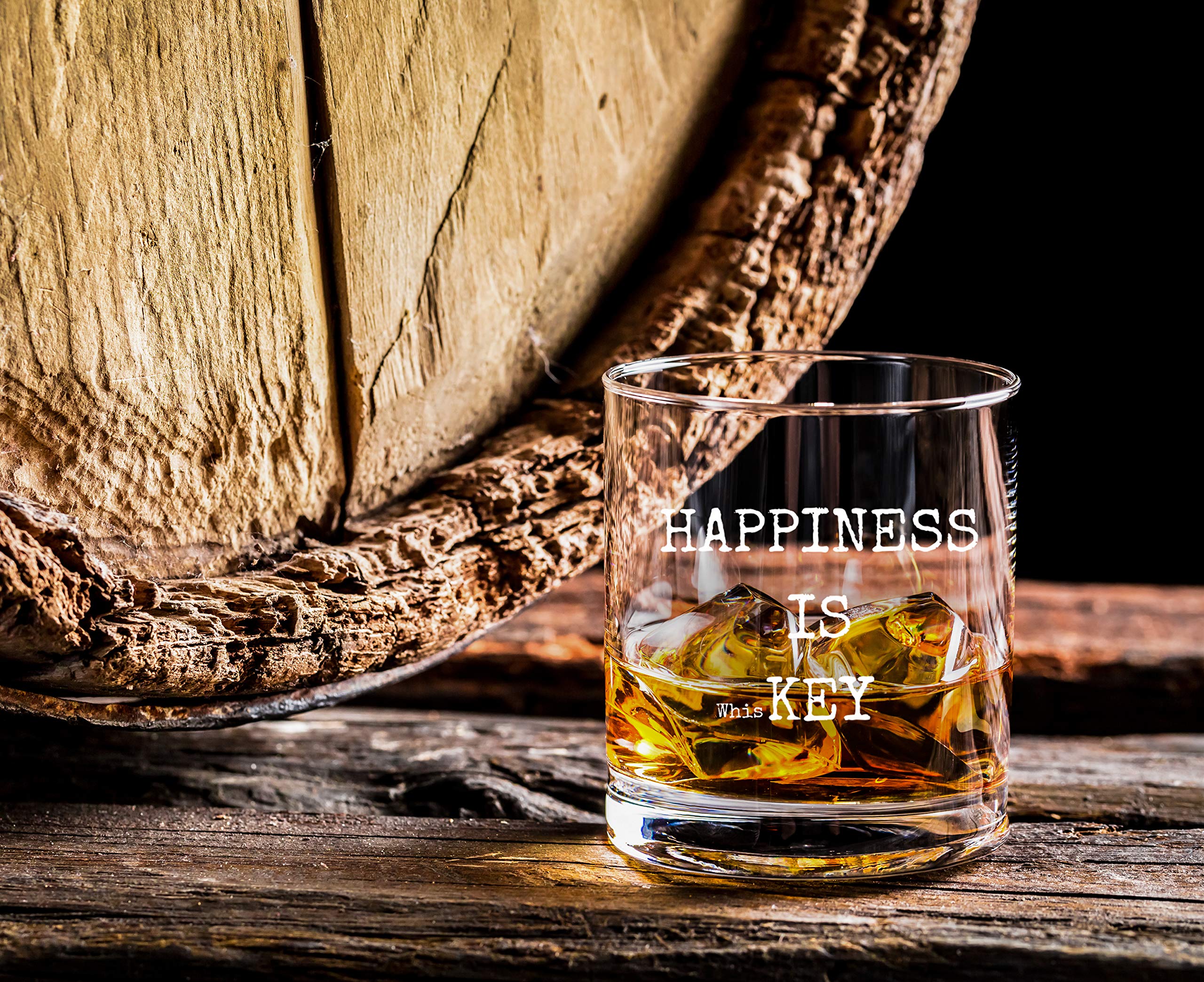 Happiness Is Key | 11 Ounce Rocks Glass | Old Fashioned | Highball Glass for Men Women Dad Father's Day