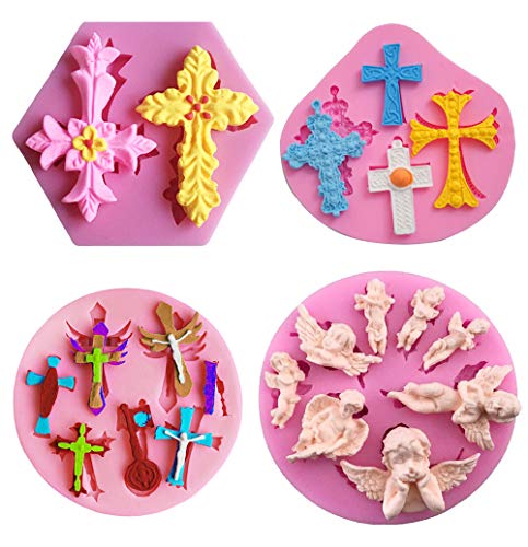 HiParty Cross Cake Fondant Mold, Angel with Wings Silicone Gum Paste Mold, Baptism Party Cake Pop Cupcake Topper Decoration Supplies Polymer Clay Resin Mold Baby Shower Chocolate Candy Mold