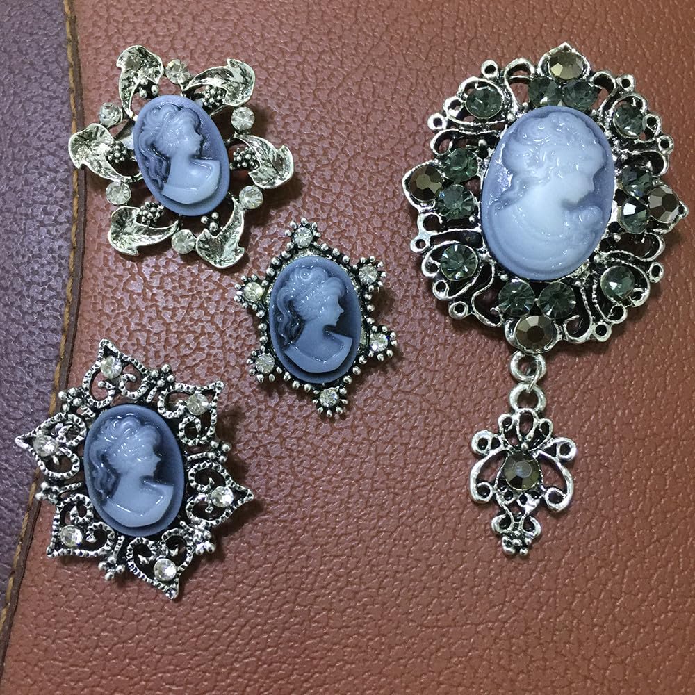 Ezing Vintage Princess Frame Crystal Cameo Brooches Pins Set for Women (C)