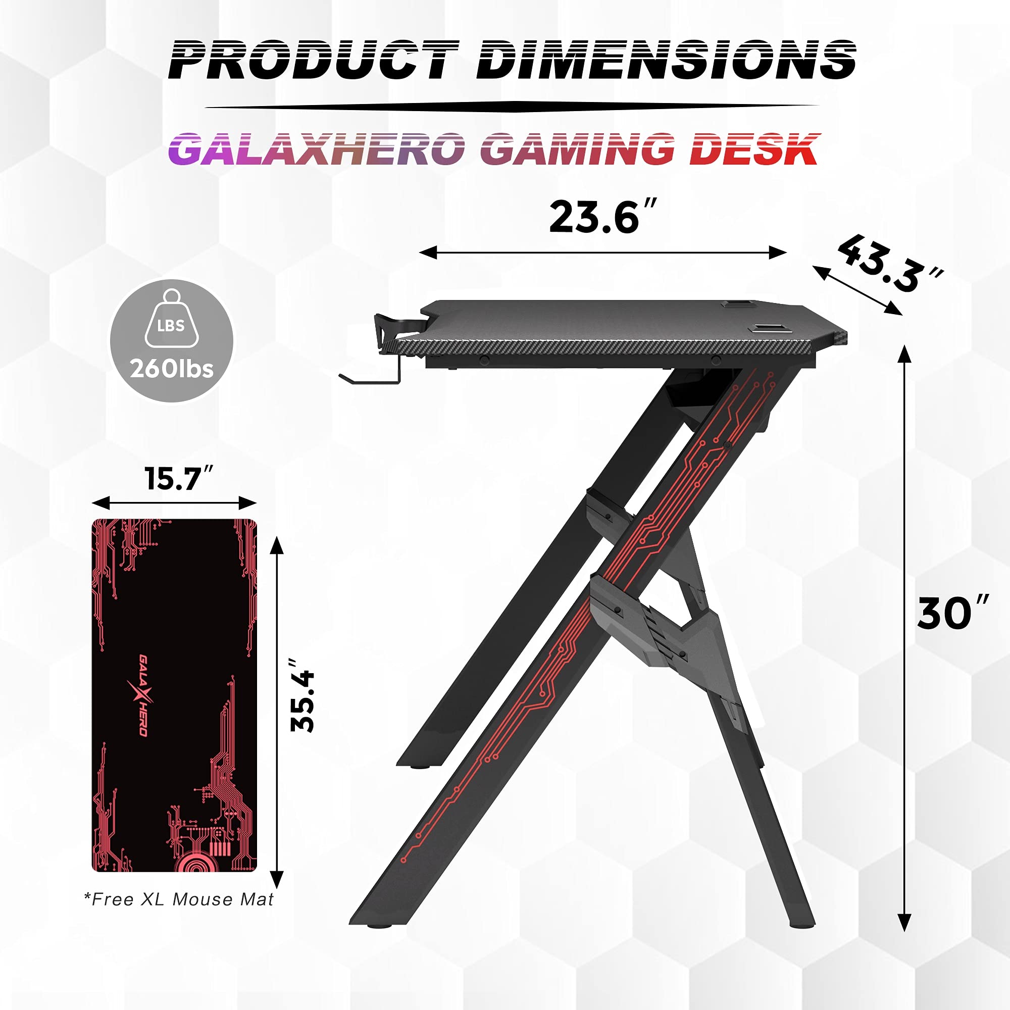 GALAXHERO 43.3β Pro Gaming Desk, Gamer Computer Desk with Headphone Hook and Cup Holder, Home Office PC Workstation for E-Sports Use, Free XL Mouse Pad, Black&Red, GX-A