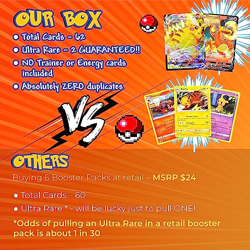Ultra Rare PKMN Cards Starter Pack - 10 Holo, 2 Ultra Rare, 50 Assorted Cards with Deck Box – No Duplicates - Limited Edition | Surprise Your Friends & Boost Your Collection and Battle Skills- 62 Pack
