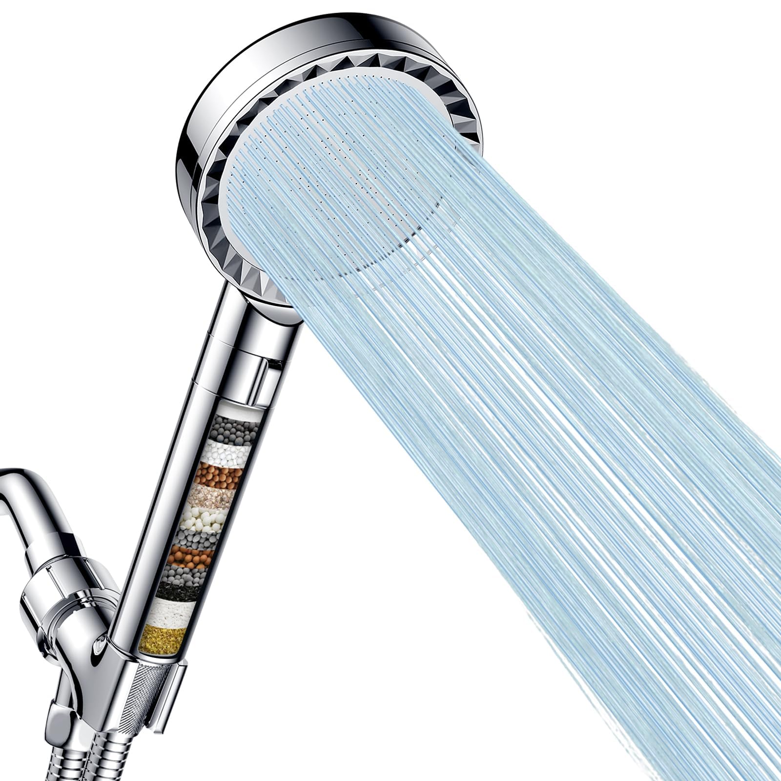 Filtered Shower Head with Handheld, PWERAN High Pressure Adjustable Spray Mode Showerhead with Hose, Bracket and 15 Stage Shower Filter for Hard Water, Showerhead with ON/OFF Switch for Pets Bath