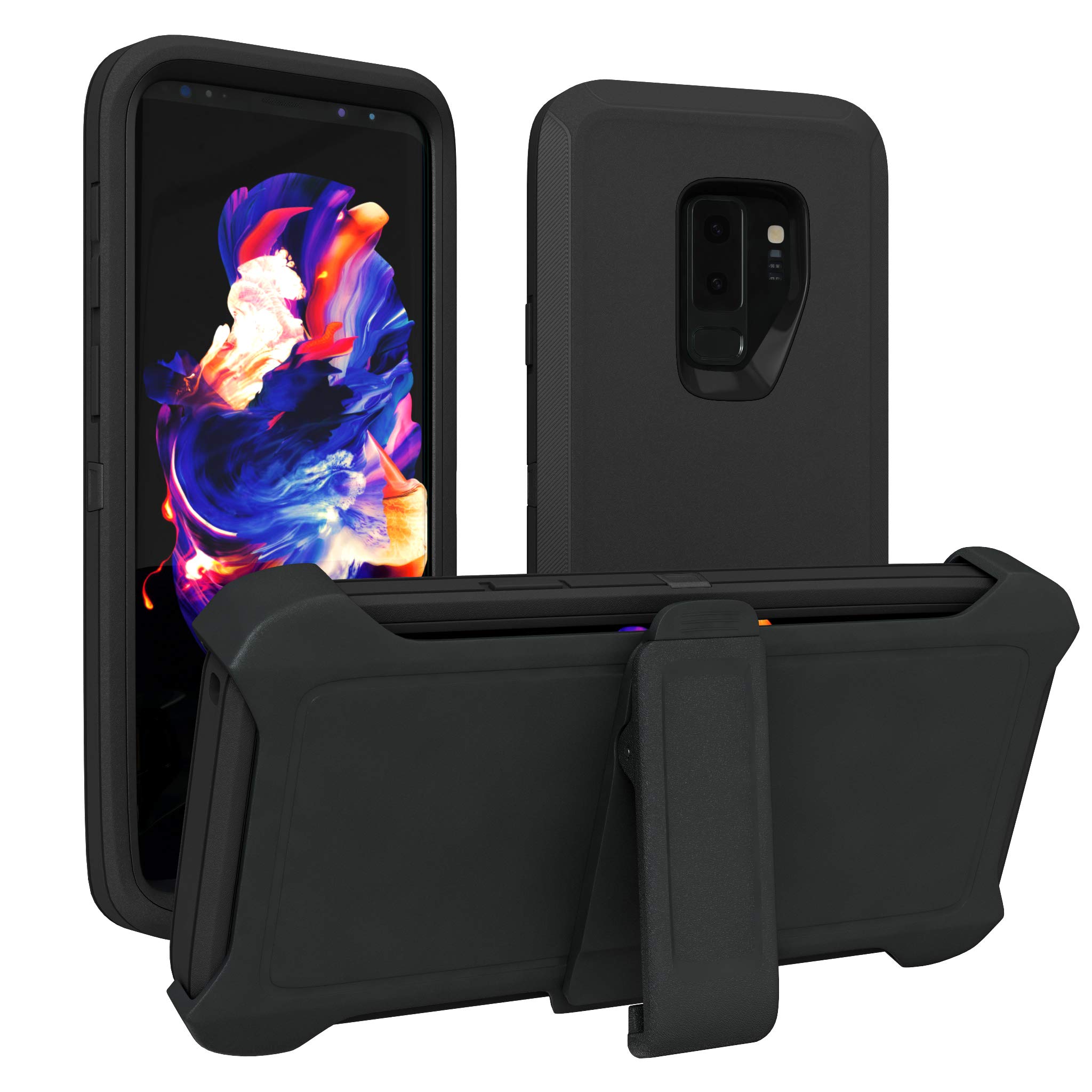 Galaxy S9+ Plus Case, ToughBox [Armor Series] [Shock Proof] [Black] for Samsung Galaxy S9+ Plus Case [Comes with Holster & Belt Clip] [Fits OtterBox Defender Series Belt Clip Cover]