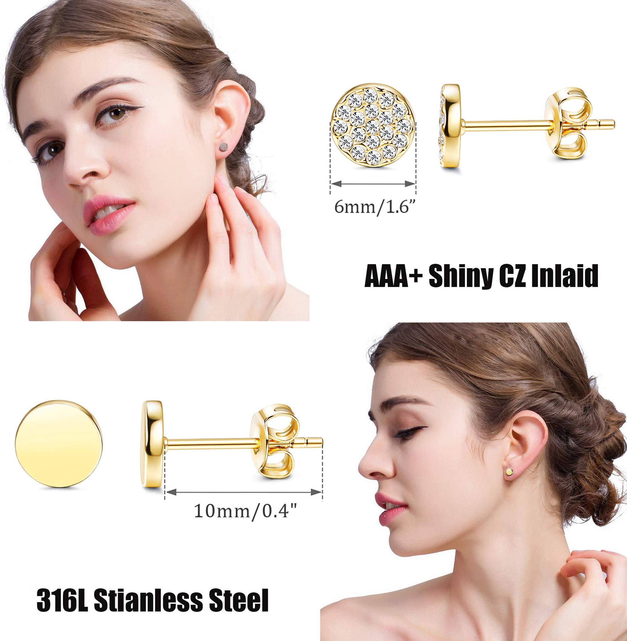 FIBO STEEL 8 Pairs Stainless Steel Star Bar Stud Earrings for Women Cute CZ Stud Earring Set Gold