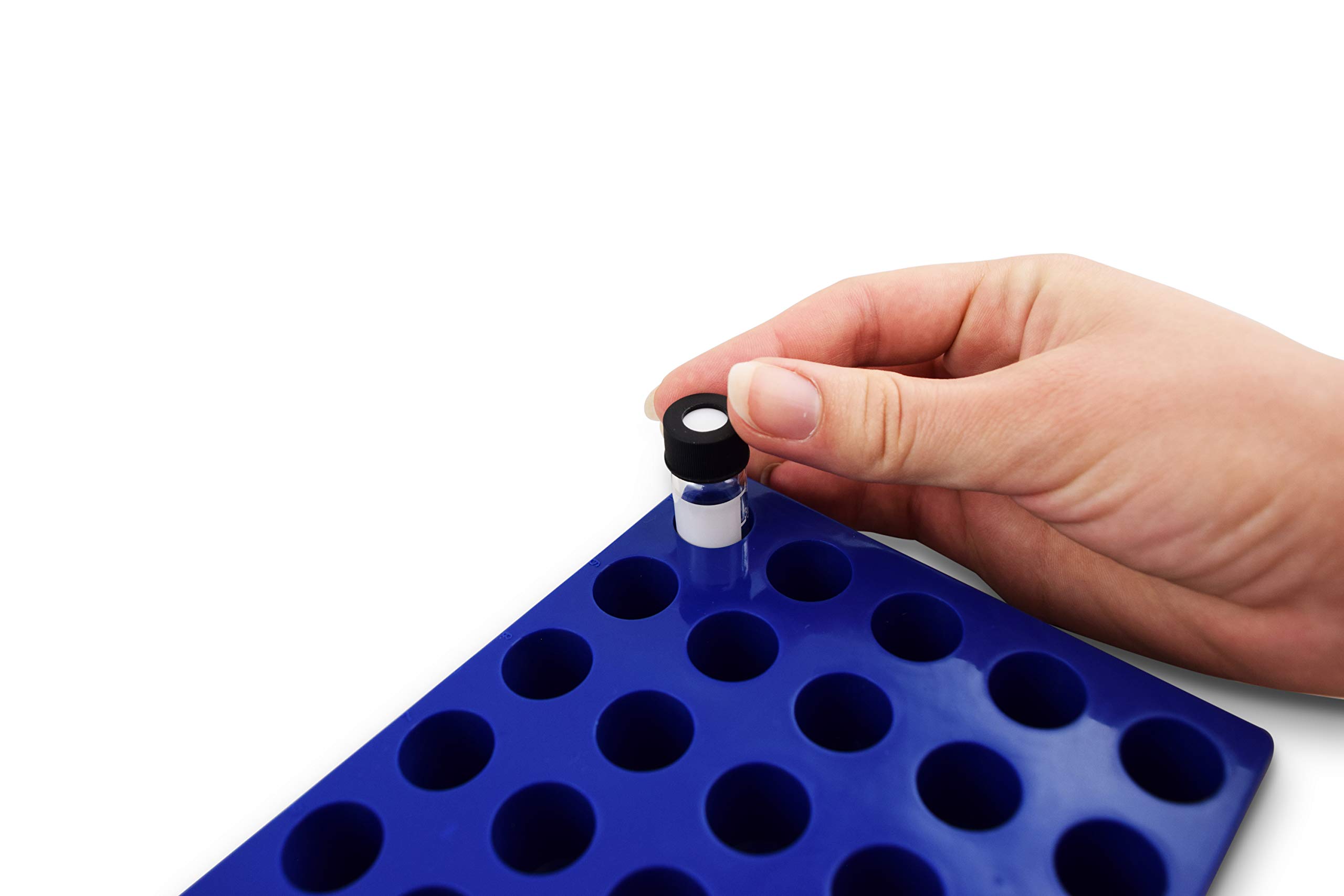Tisch Scientific Vial Racks for 4mL Vials | 5 Pack | Blue Polypropylene | 9.25" x 4.5" x 1.125" | 50 Holes | Hole Diameter: 15mm | Hole Depth: 22mm | Autoclavable | CV2056