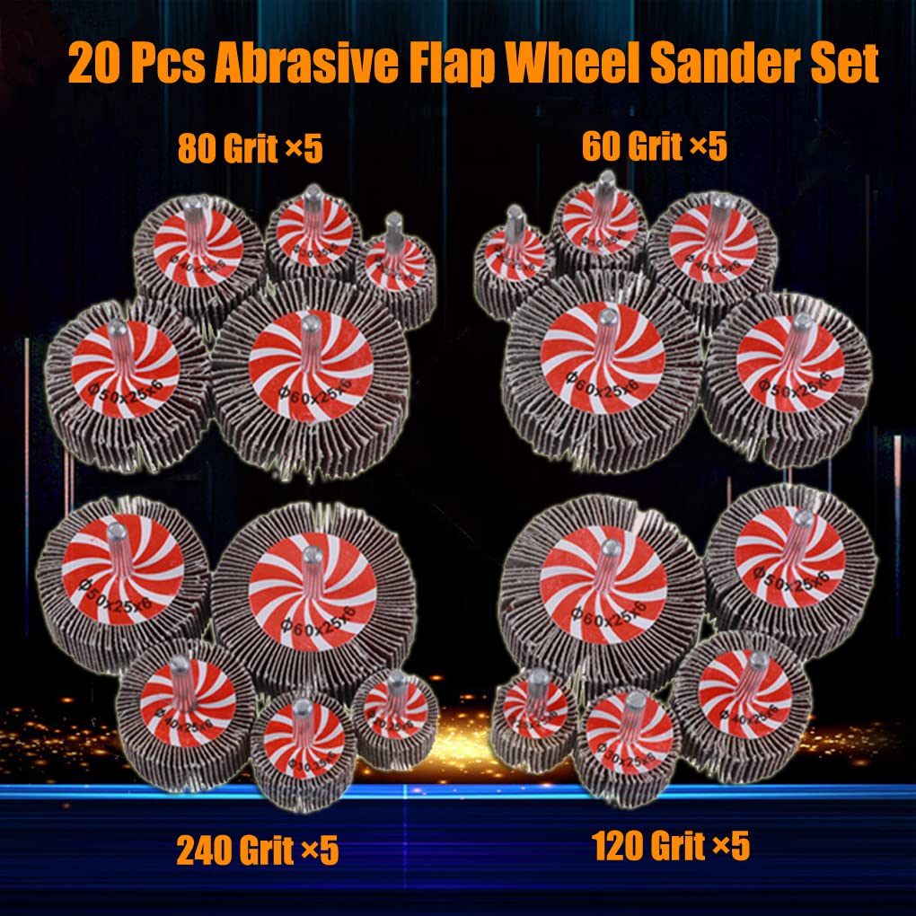 Mixiflor 20 Pcs 5 Sizes 60/80/120/240 Grits Abrasive Flap Wheel Sander, 1/4 Inch Shank Flap Wheels for Drill, Die Grinder Flap Wheel,Flap Wheel Sander for Drill