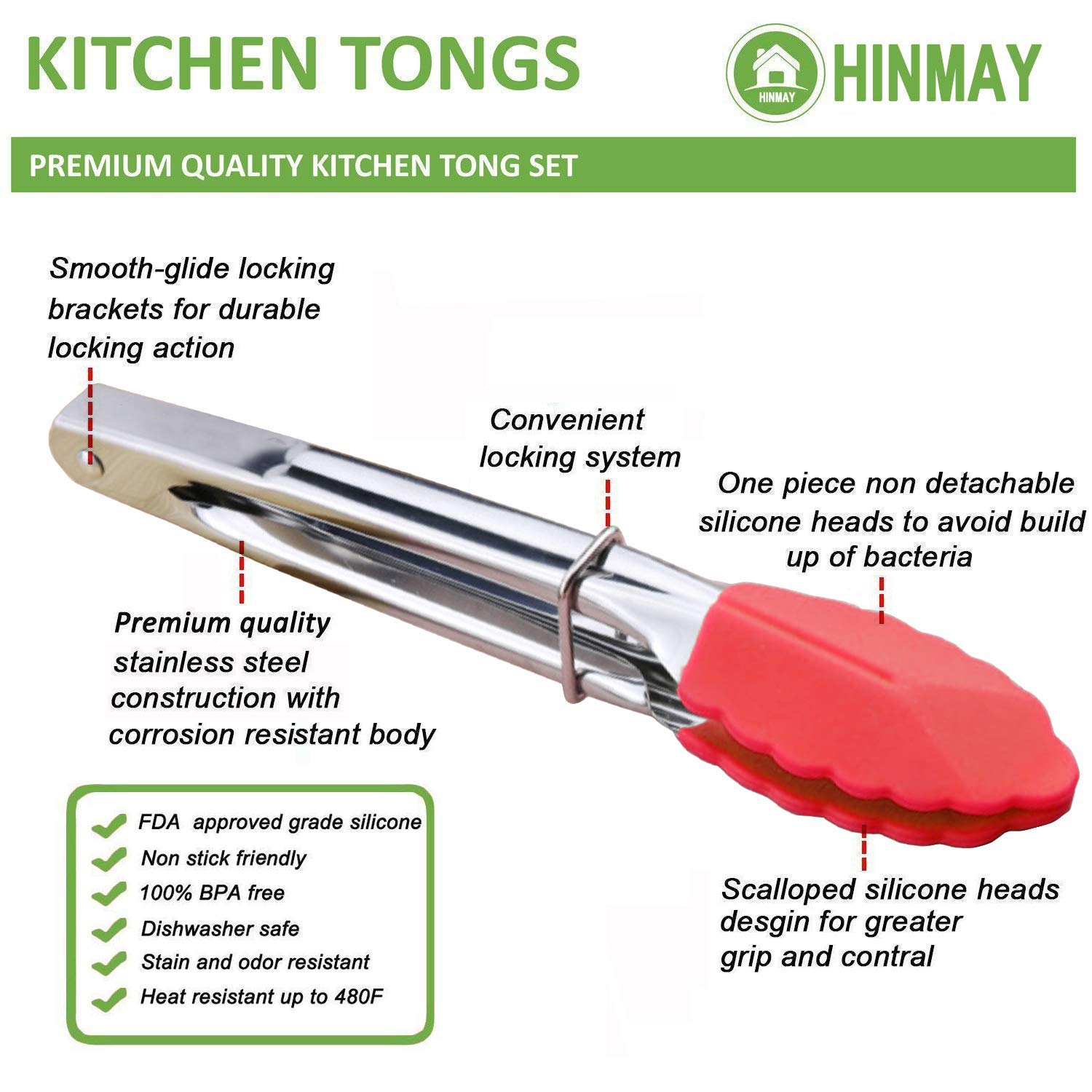 HINMAY Mini Tongs with Silicone Tips 7-Inch Serving Tongs, Set of 3 (Green Red Blue)