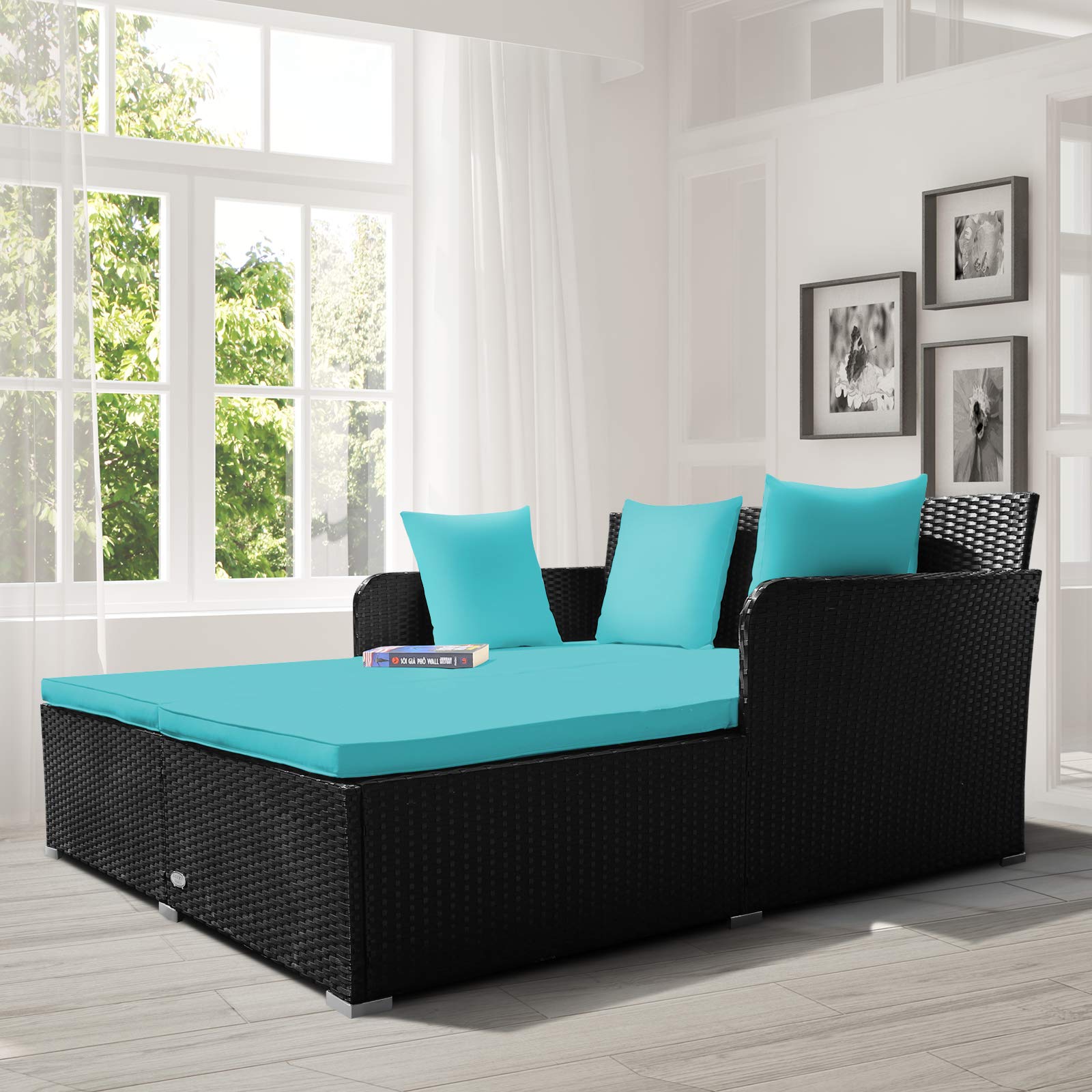 Tangkula Outdoor Rattan Daybed, Sunbed Wicker Furniture w/Spacious Seat, Upholstered Cushion & High-Resilience Sponge, Wicker Patio Sofa Set w/Extra Pillows for Courtyard Poolside(Turquoise)