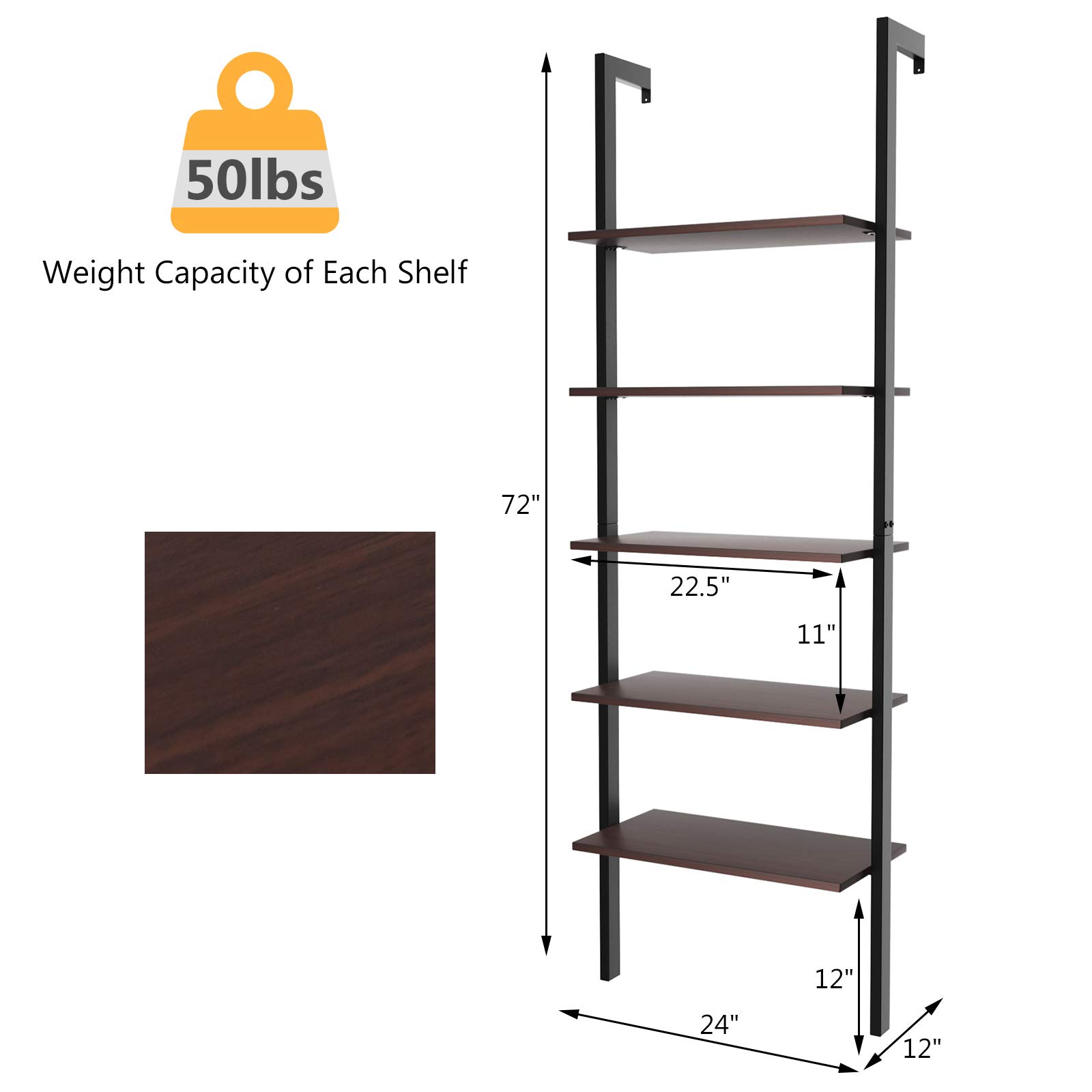 Tangkula Industrial Ladder Shelf Against The Wall, 5-Tier Ladder Bookshelf w/Metal Frame, 72 Inches Open Bookcase Plant Flower Stand Display Storage Rack for Home Office