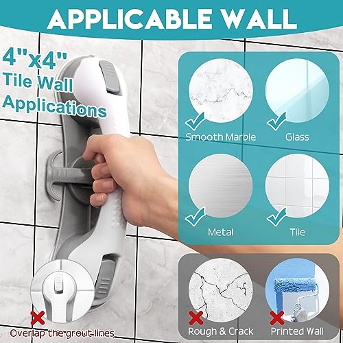 Grab Bars for Shower, 12 Inch Shower Handle 3 Strong Suction Cup Grab Bar with Hook, Safety Bars for Shower Chair Stool, Bathroom Grab Bar for Seniors, Elderly, Handicap (2 Pack)