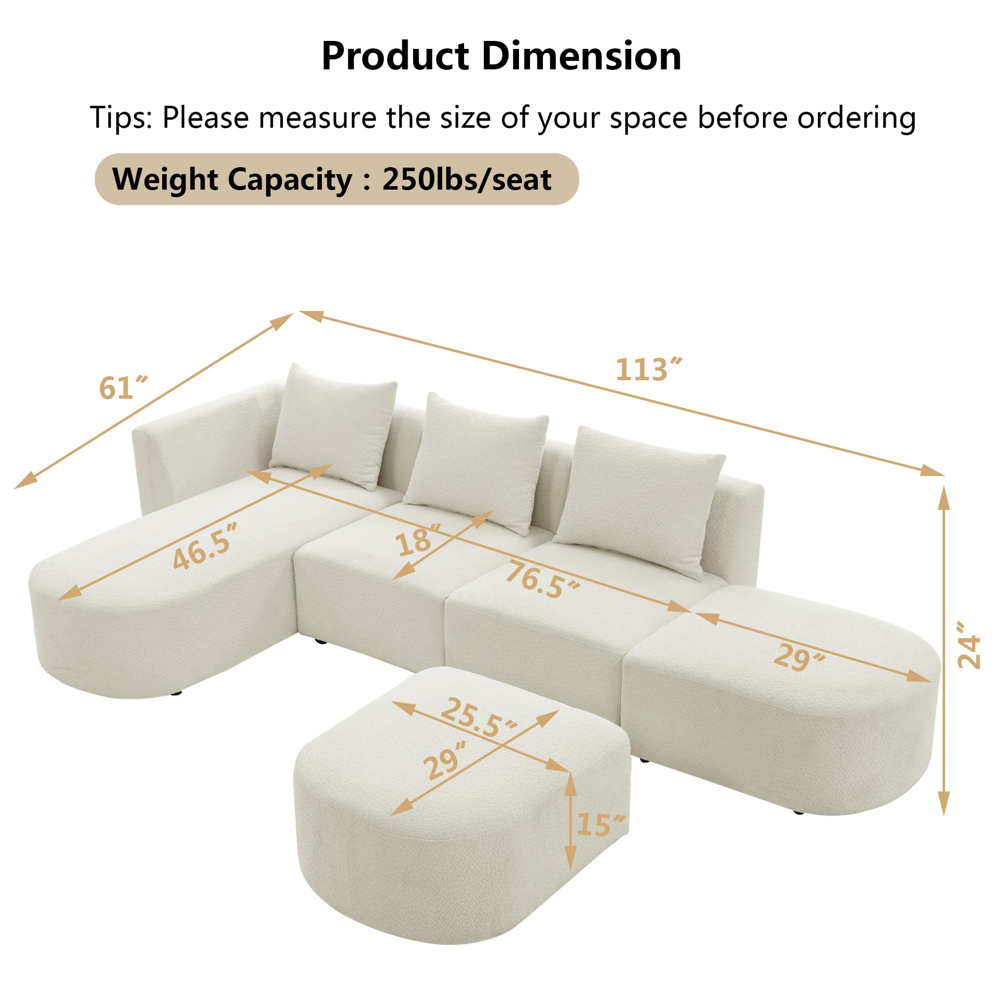 mikibama Modular Sectional Sofa, Modern Minimalist Sherpa U Shaped Couch Set with Two Single Seats and Two Chaises, 117" Comfy Boucle Couches for Living Room, DIY Combination, Black