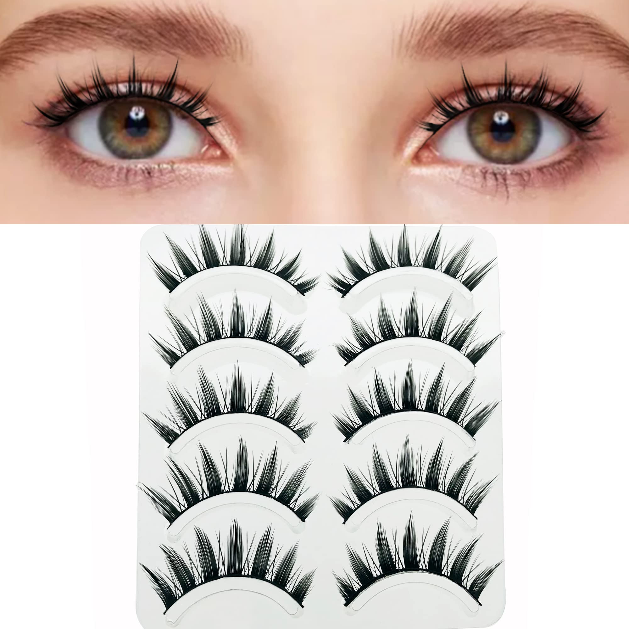 Manga Lashes, Wispy Anime False Eyelashes Natural Look, Fluffy Spiky 3D Doll Eyelashes, Korean Japanese Asian Cosplay Strip Lashes Look Like Individual Cluster, Reusable Lashes, 5 Pack