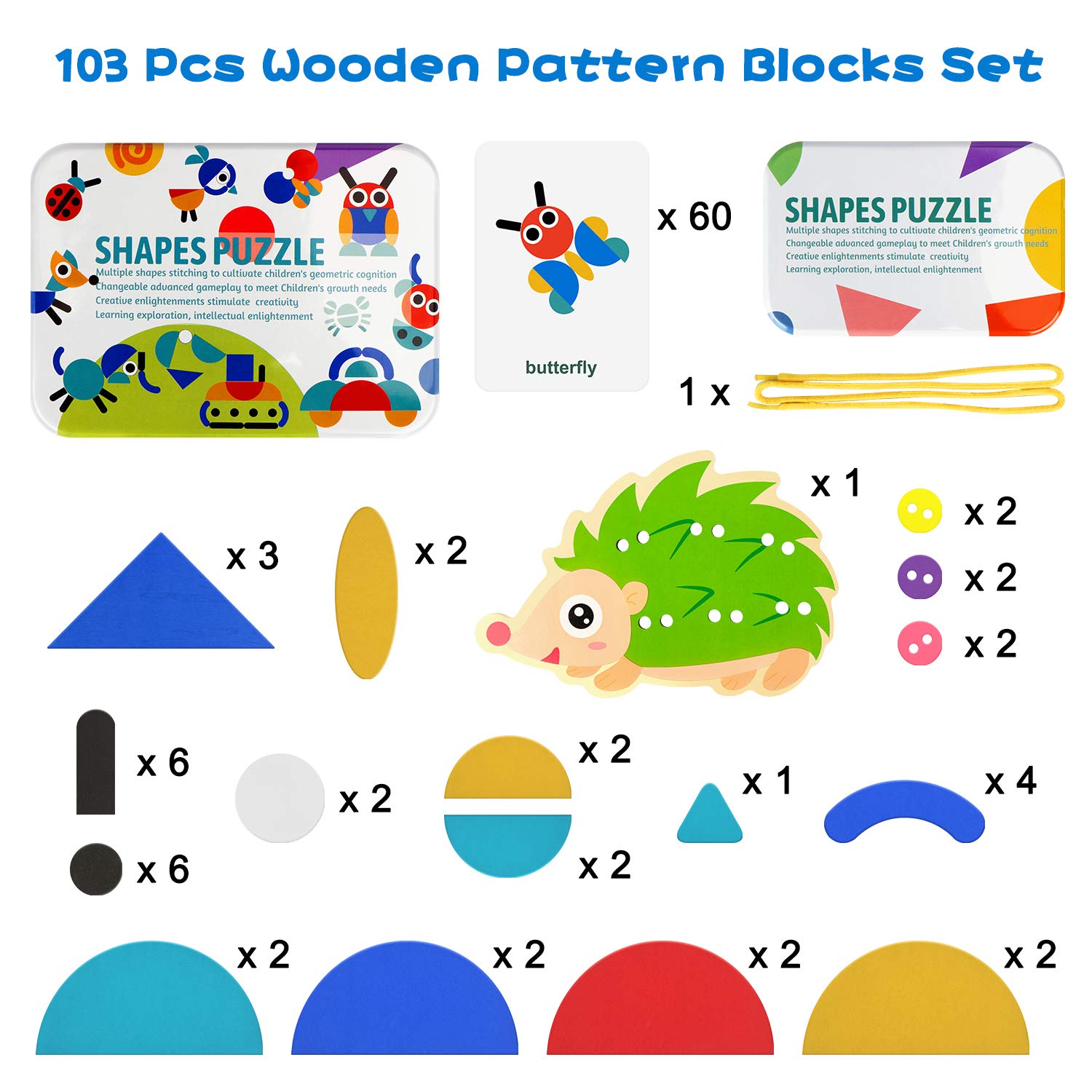 Fansteck 103 Pieces Wooden Pattern Blocks - Shape Puzzles Sorting and Stacking Games, Hedgehog Lacing Toy, Educational Toys for Classroom