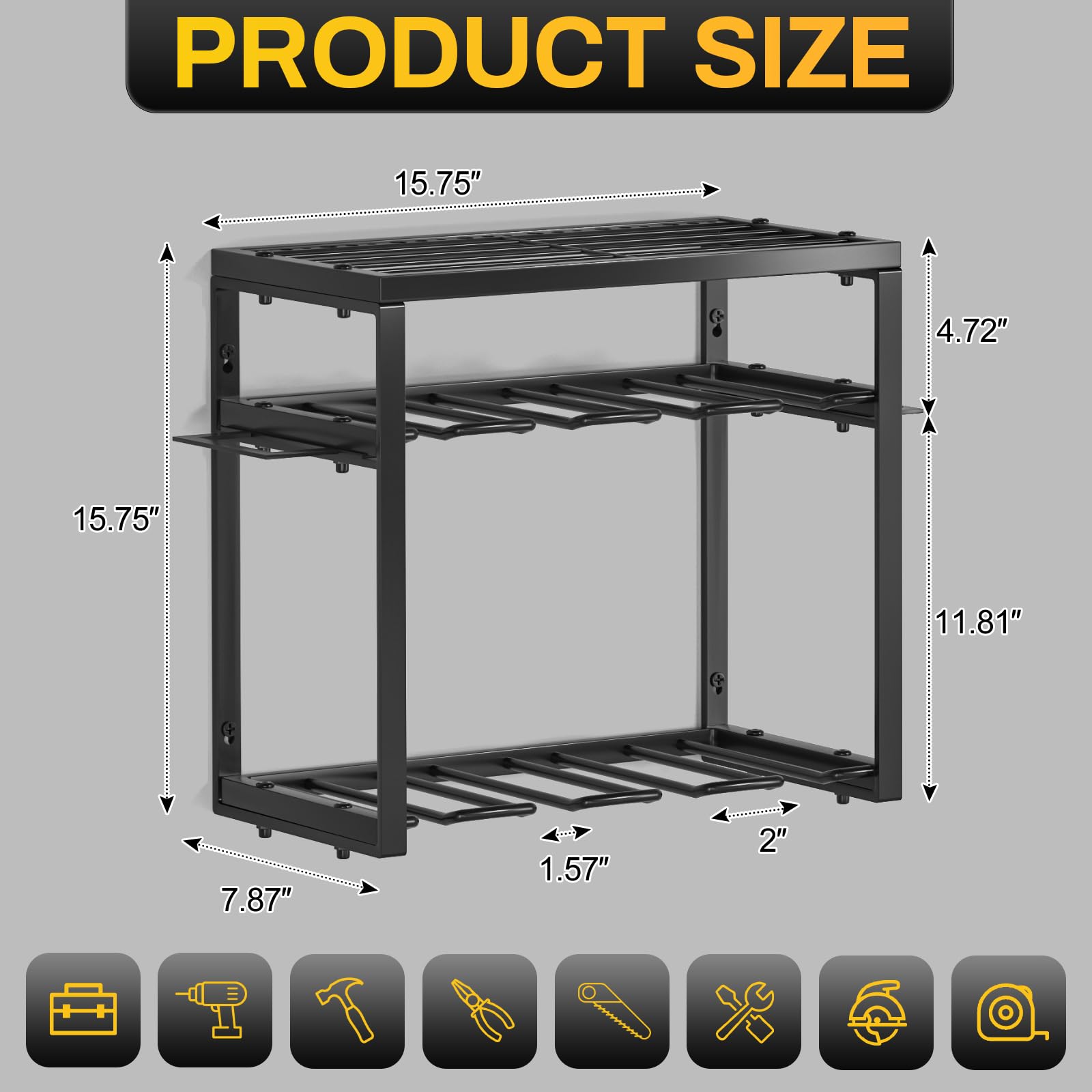 Power Tool Organizer Wall Mount, 3 Layers Drill Holder With Charging Station, Heavy Duty Garage Tool Storage,Utility Racks Shelf for Tool Batteries, Screwdriver, Wrench
