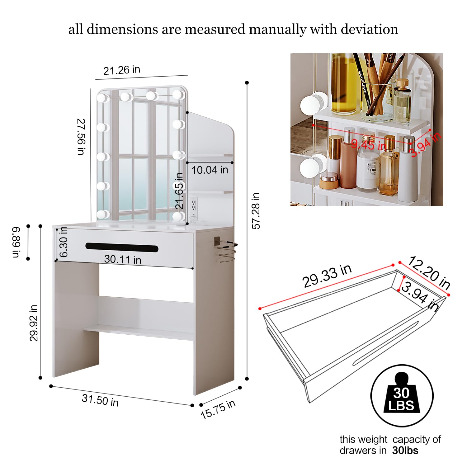 sbdmirau Modern Vanity Desk with Lighted Mirror, Desk Makeup Dressing Table with Power Strip, 12 LED Lights, 1 Large Drawers, Writing Desk with 3-Sectio Storage Shelves for Bedroom, White