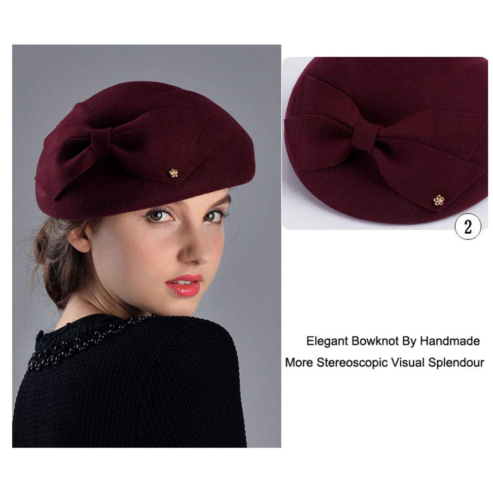 F FADVES Womens Wool Felt French Berets Bowler Hat Artist Boina Bowknot Cap Navy