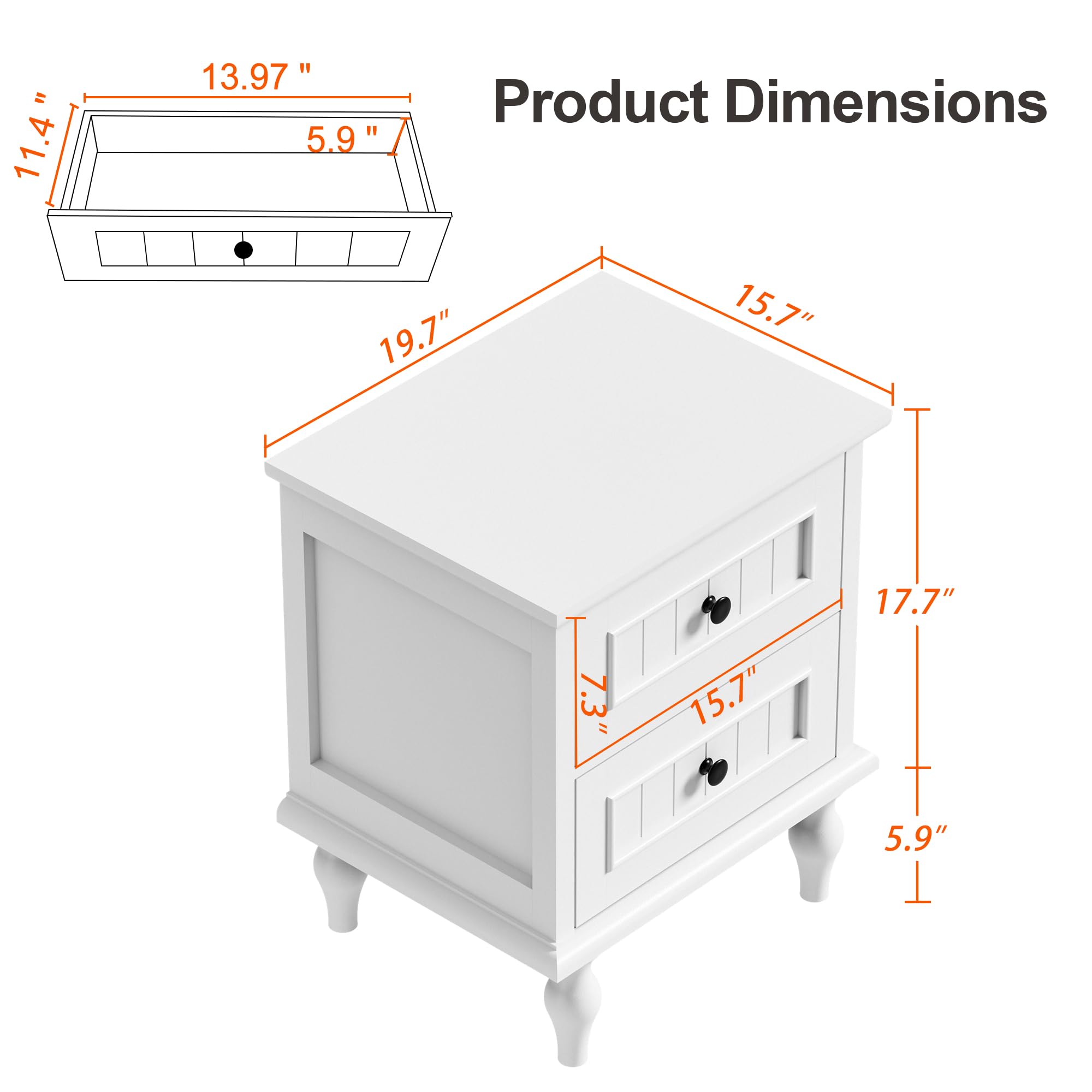 Scurrty Nightstand, Antique Style End Table with 2 Drawers, Taller Nightstand for Bedroom, Side Table for Bedroom (White, Single)
