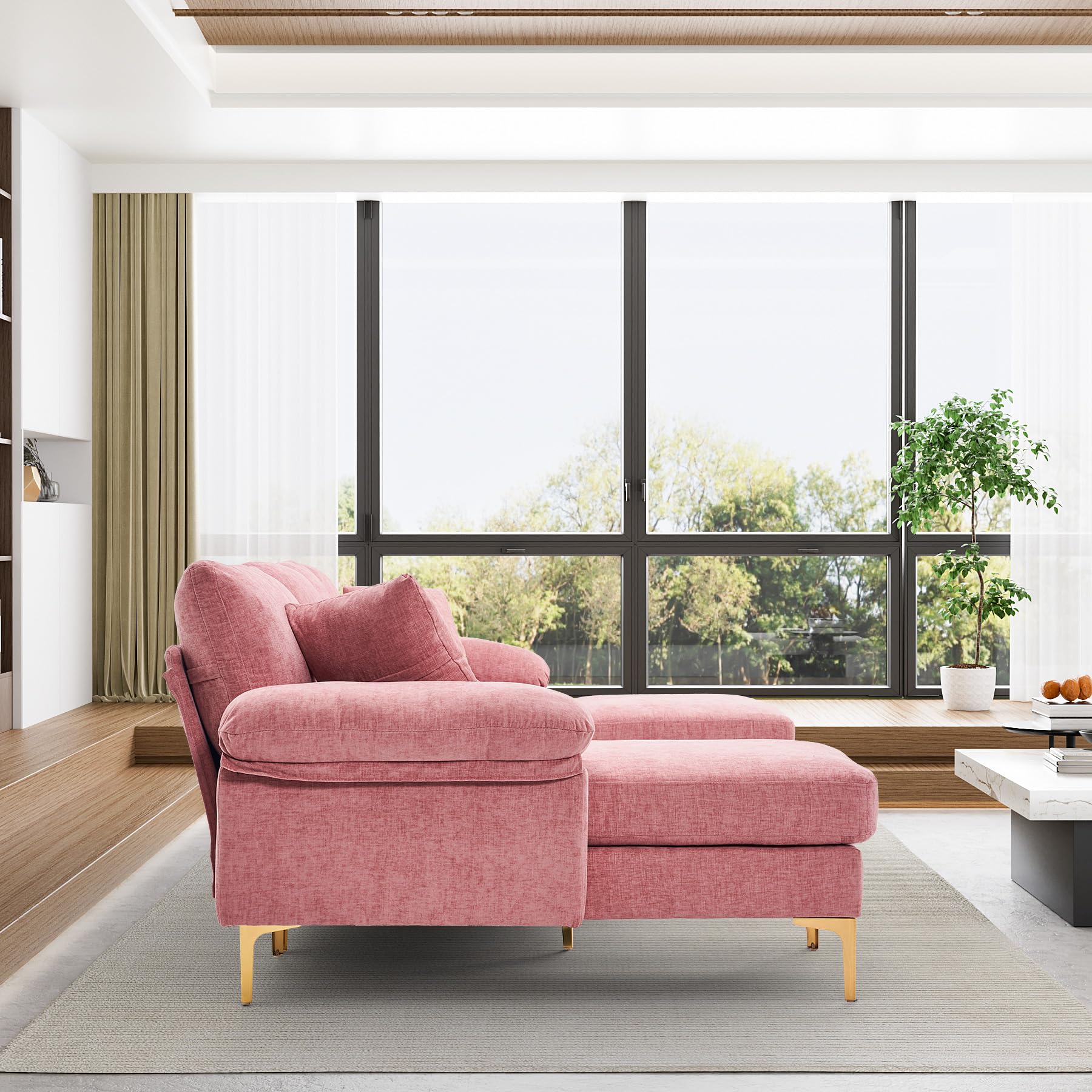 OUYESSIR U-Shaped Sectional Sofa for Living Room, 4 Seat Sofa Set Convertible L-Shaped Couch Set with Chaise Lounge, Ottoman and Pillows,114 inches, Light Pink Chenille