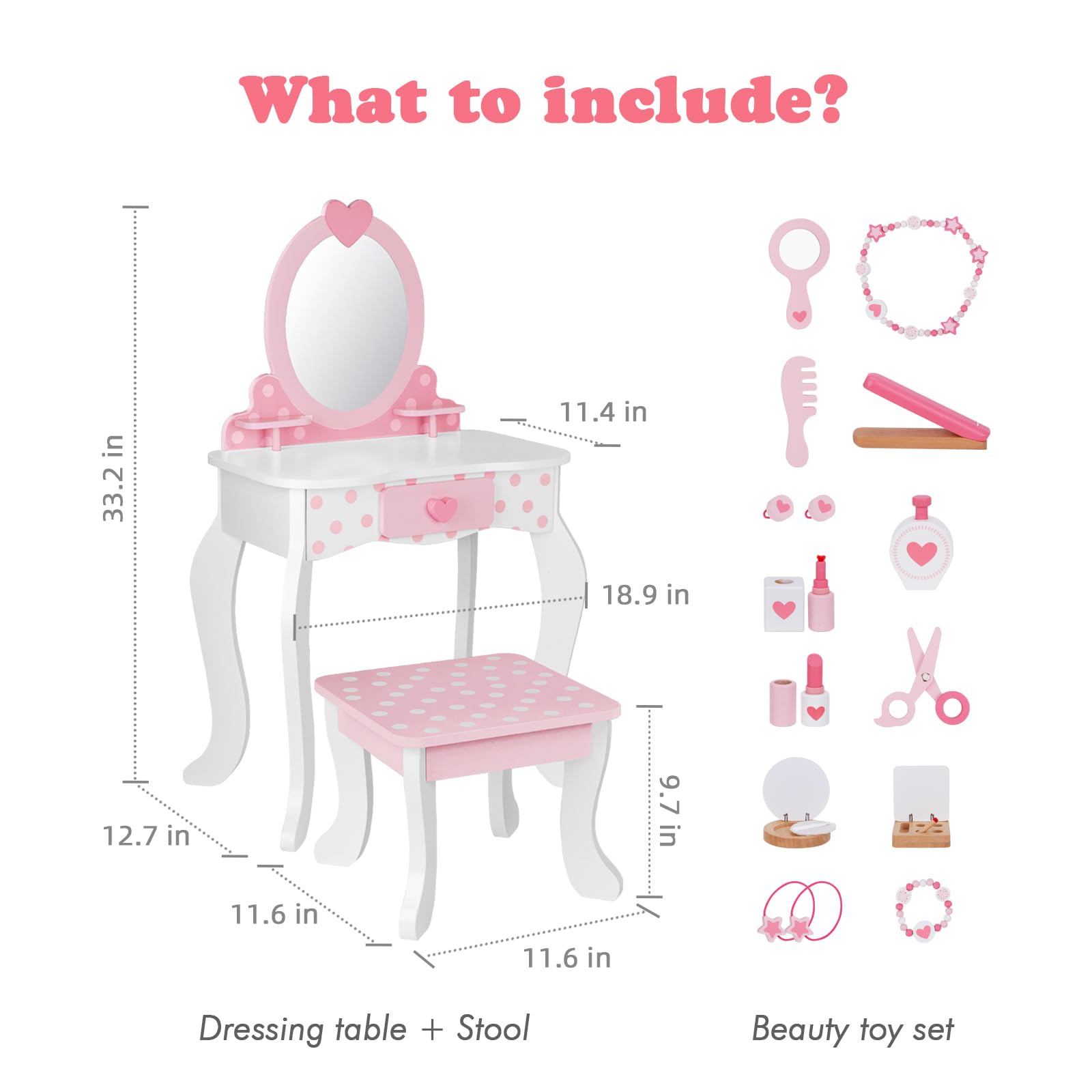 OOOK Kids Vanity Set,Table & Chair Vanity Set with Mirror(Includes 15 pcs Multiple Make up Accessories, Makeup Dressing Table with Storage Drawer, Pink