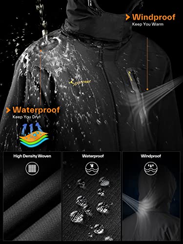 Sportneer Men Waterproof Ski Jackets: Winter Spring Warm Snow Coats Windbreaker Hooded Raincoat Jacket Black L