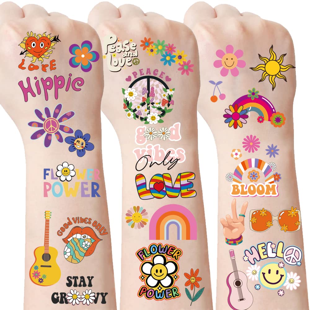 Hippie Tattoos for Kids Women Adult Groovy Hippie Temporary Tattoos Love and Peace Waterproof Face Body Fake Tattoos Stickers