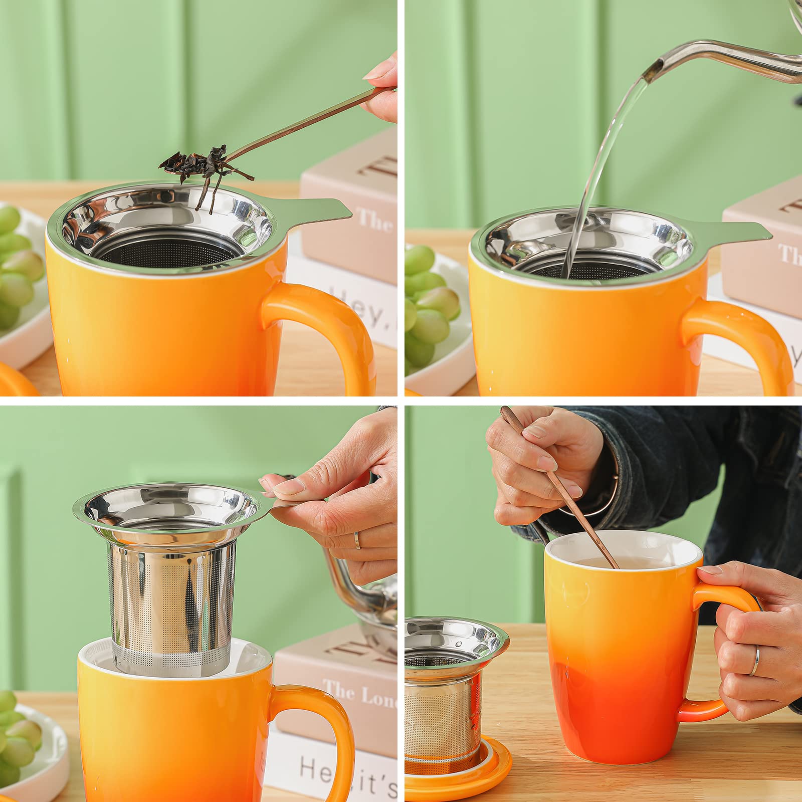 Henten Home Ceramics Tea Cup with Loose Leaf Infuser, Spoon and Lid, 15oz, Large Tea infuser Mug for Tea, Coffee, Milk-Microwave and Dishwasher Safe(15oz,Navy Blue)
