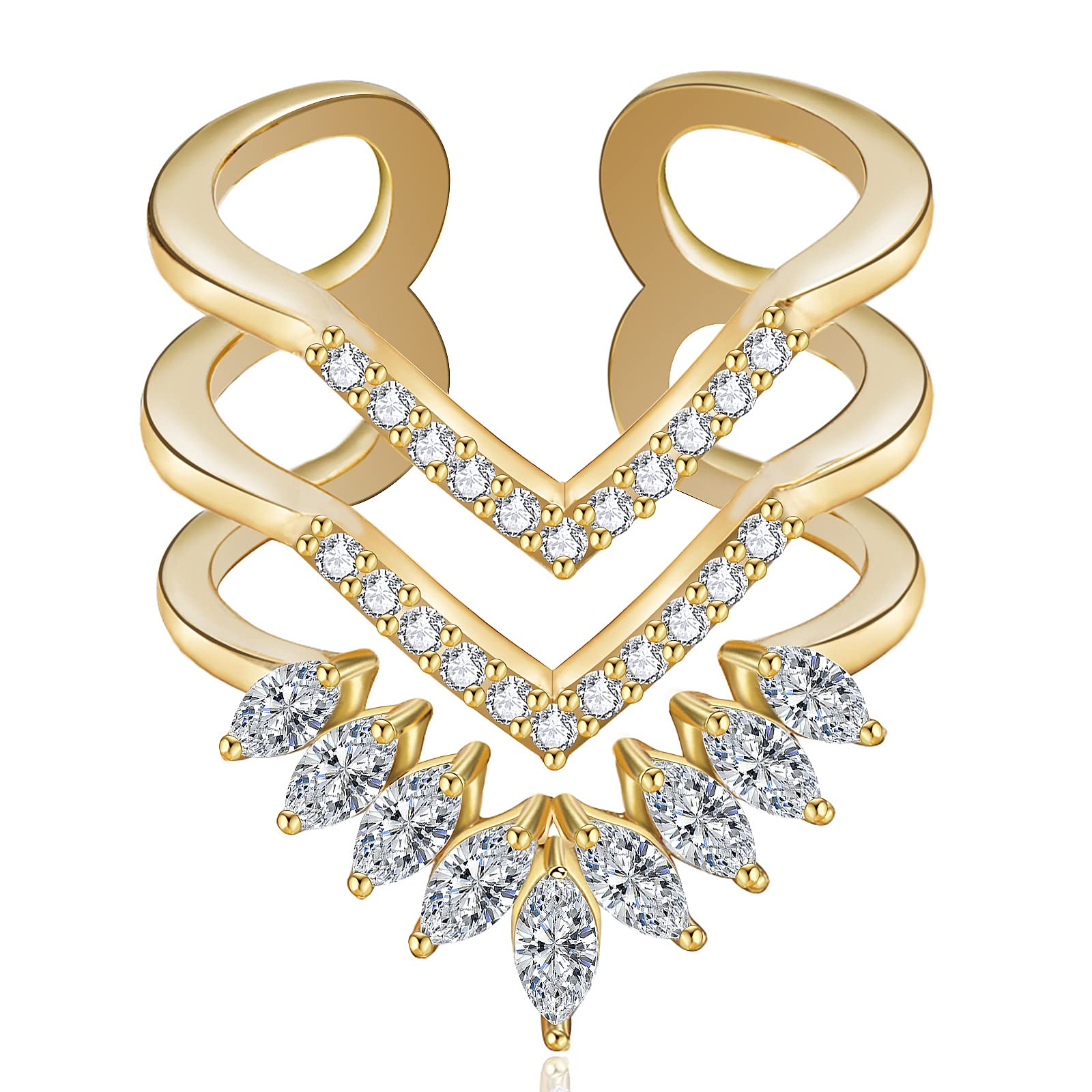 Gold Chevron Statement Rings for Women 14k Gold Plated Gold Pointed V Shaped Chunky Open Ring Marquise Crystal Cubic Zirconia Adjustable Rings