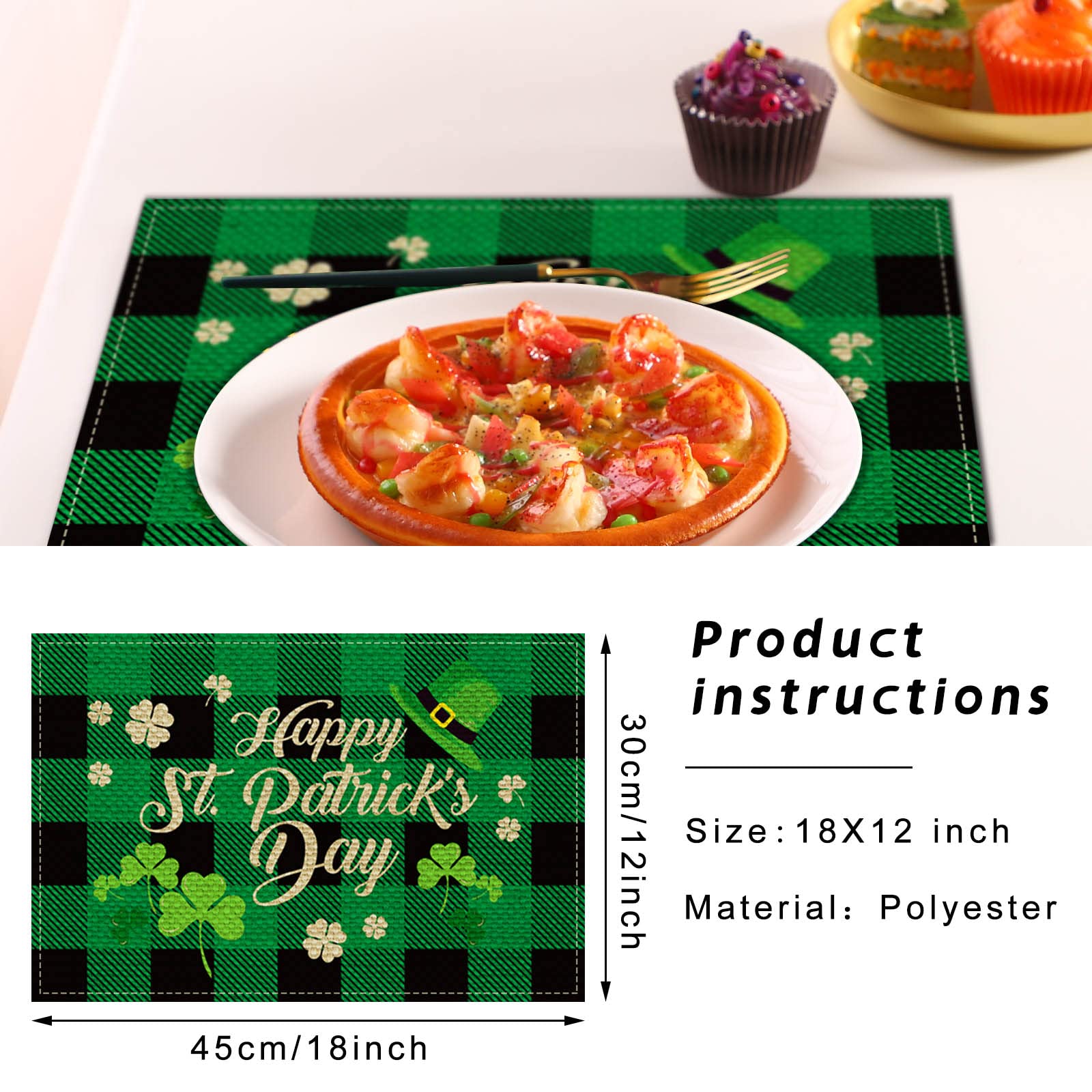 Tatuo 6 Pcs St. Patrick's Day Placemats Buffalo Plaid Placemats Lucky Clover Shamrock Blessed Table Mats Non Slip Heat Resistant Washable Place Mats for Kitchen Dining, 12 x 18 Inch (Stylish Style)