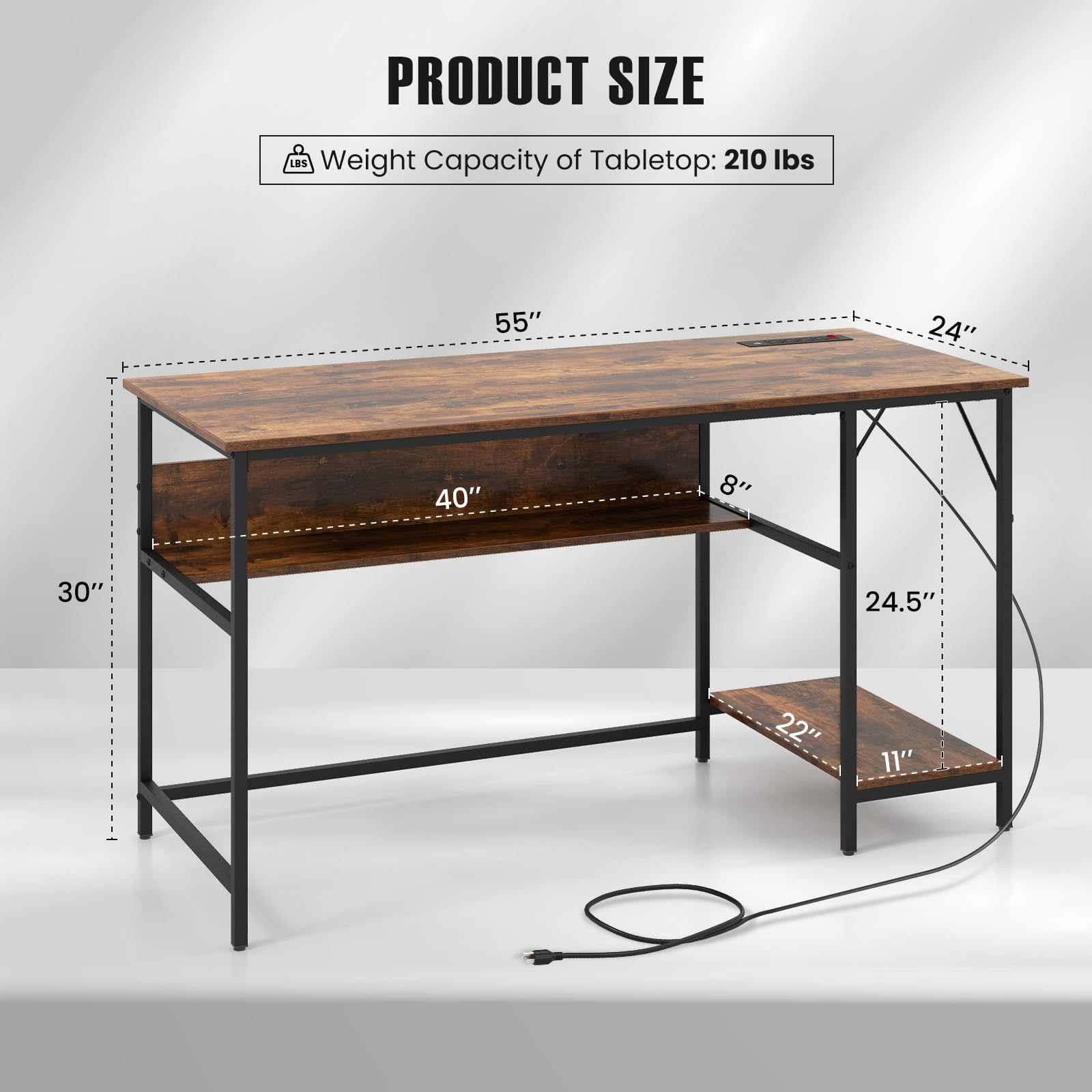 Tangkula 55 Inch Computer Desk with 4 Power Outlets & 2 USB Ports, Home Office Desk with Built in Charging Station with Switch, Computer Workstation Writing Study Desk with Storage Shelf & CPU Stand
