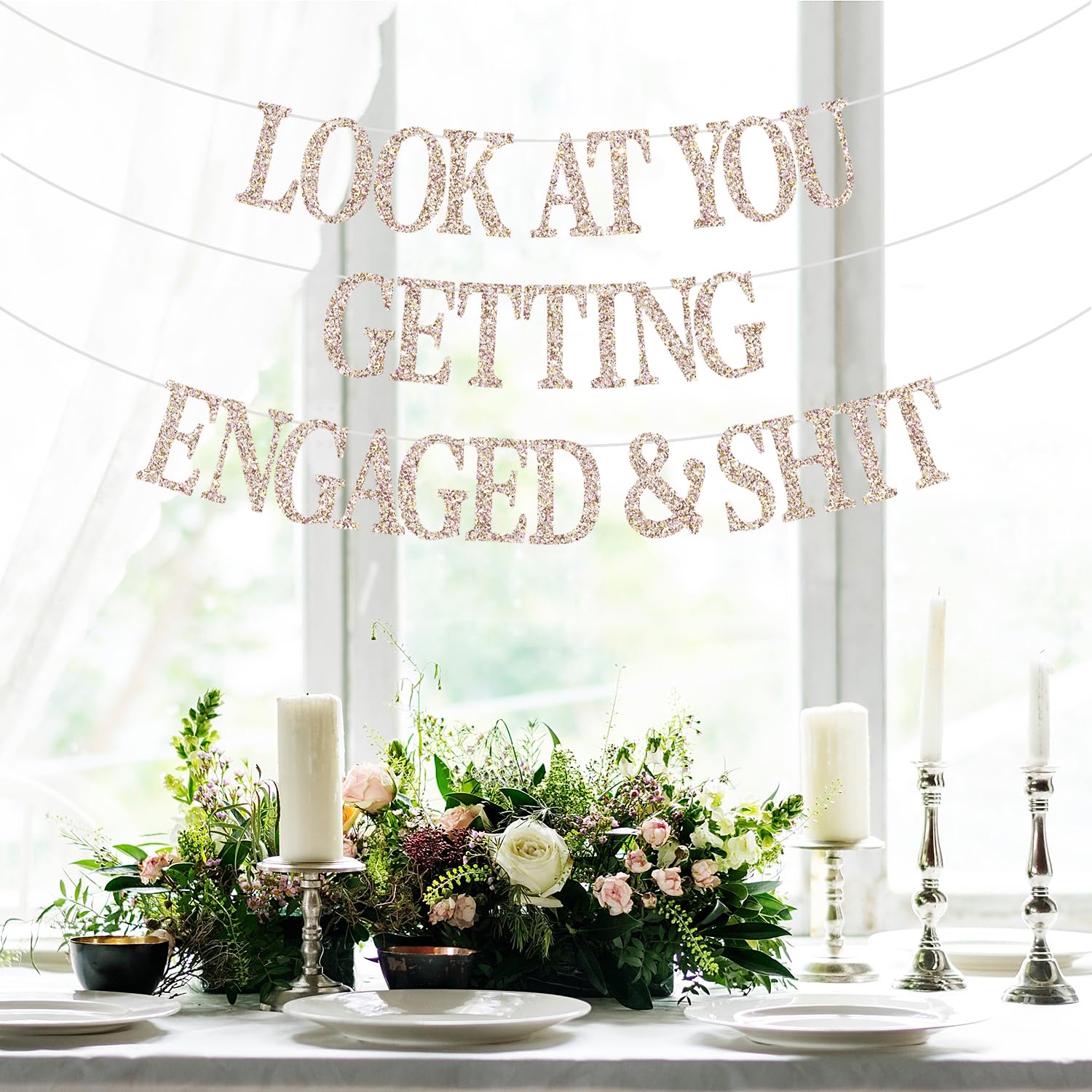 Look At You Getting Engaged & Shit Banner, Happy Engagement Banner, Bridal Shower/Wedding/Engagement/Bachelorette Party Decorations Supplies Glitter