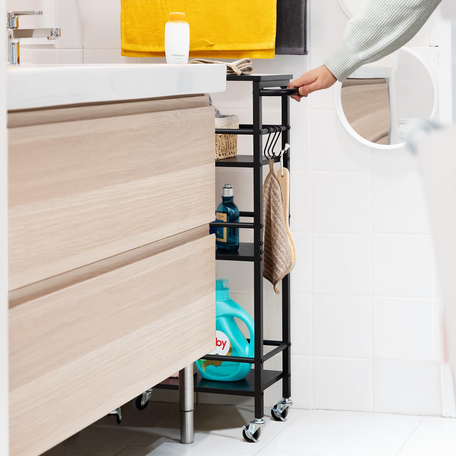 LOAKEKEL Slim Rolling Cart, 4-Tier Storage Cart on Wheels, Narrow Kitchen Cart with 6 Hooks for Small Spaces, 7.87" Deep, Mobile Shelving Unit Utility Cart for Dining Room, Bathroom, Black HKC04BK-1