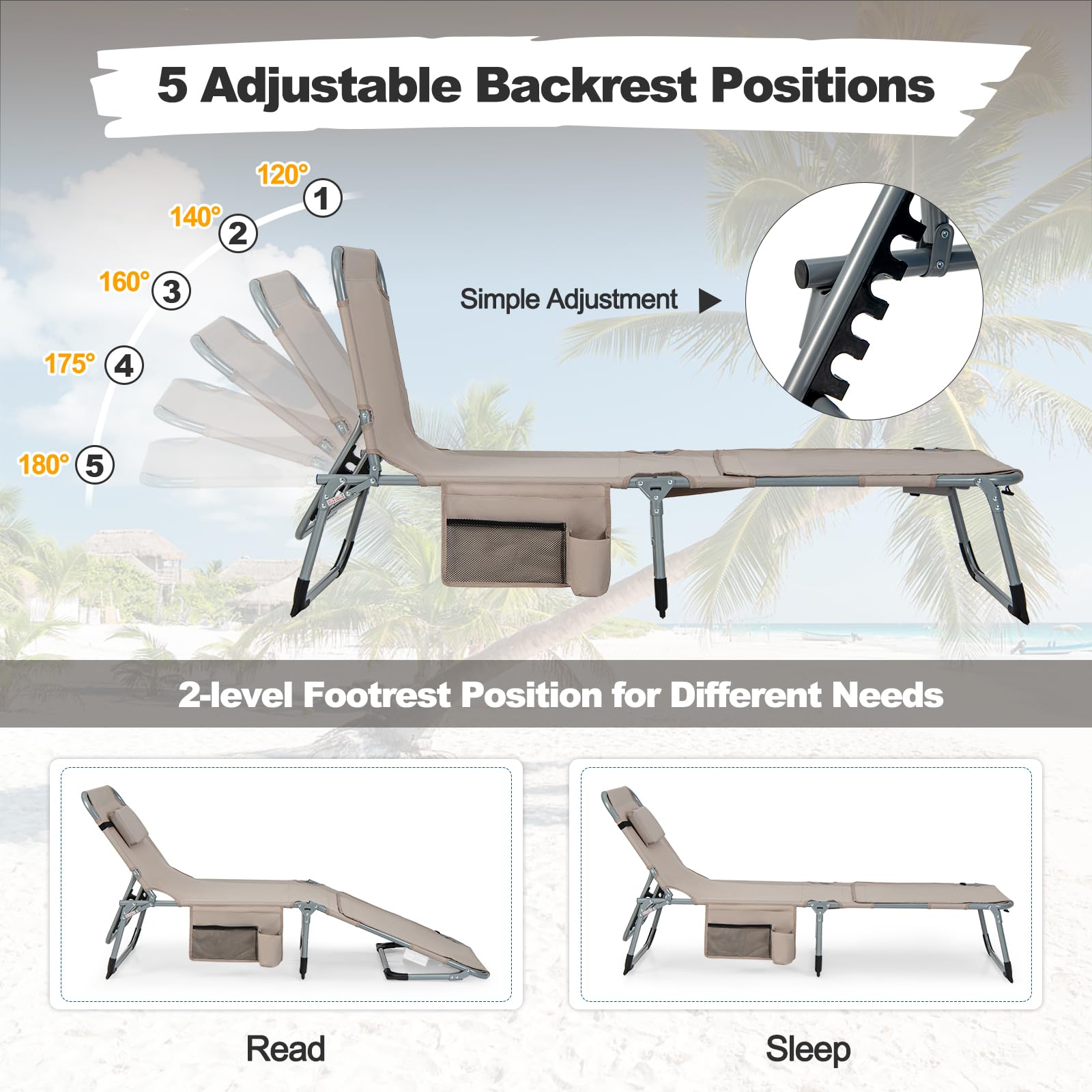 Tangkula Beach Lounge Chair, Outdoor Folding Tanning Chair with Face/Arm Hole, 2 Carry Handle, Pillow, Adjustable Backrest, 400 LBS Face Down Sunbathing Chair for Outside Beach Poolside
