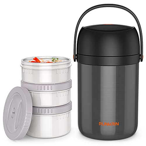 Runkrin Insulated Food Jar 64oz for Hot Food 6 Hours, 3 Tiers Leak-Proof Stackable Thermal Lunch Box Containers, Stainless Steel Vacuum Soup Storage for Men Women