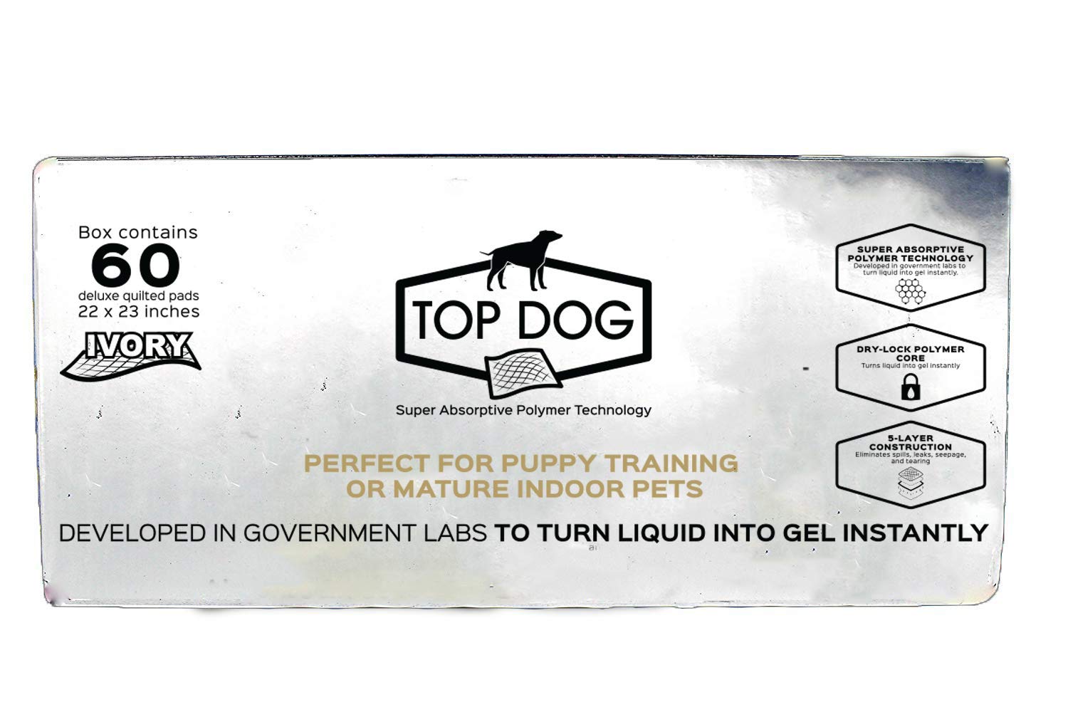 Top Dog White Puppy Pads, 60 Pack Deluxe Dog Training Pad with Extra Quick-Dry Advanced Polymer - Perfect for Puppy Housebreaking and as Potty Pads for Your Mature Pet
