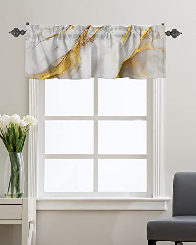 Yun Nist Window Valance Curtain Abstract White Marble Gold Stripe Valances for Kitchen Windows,Modern Geometry Art Rod Pocket Short Curtains for Bedroom,Bathroom,Living Room 60x18Inch