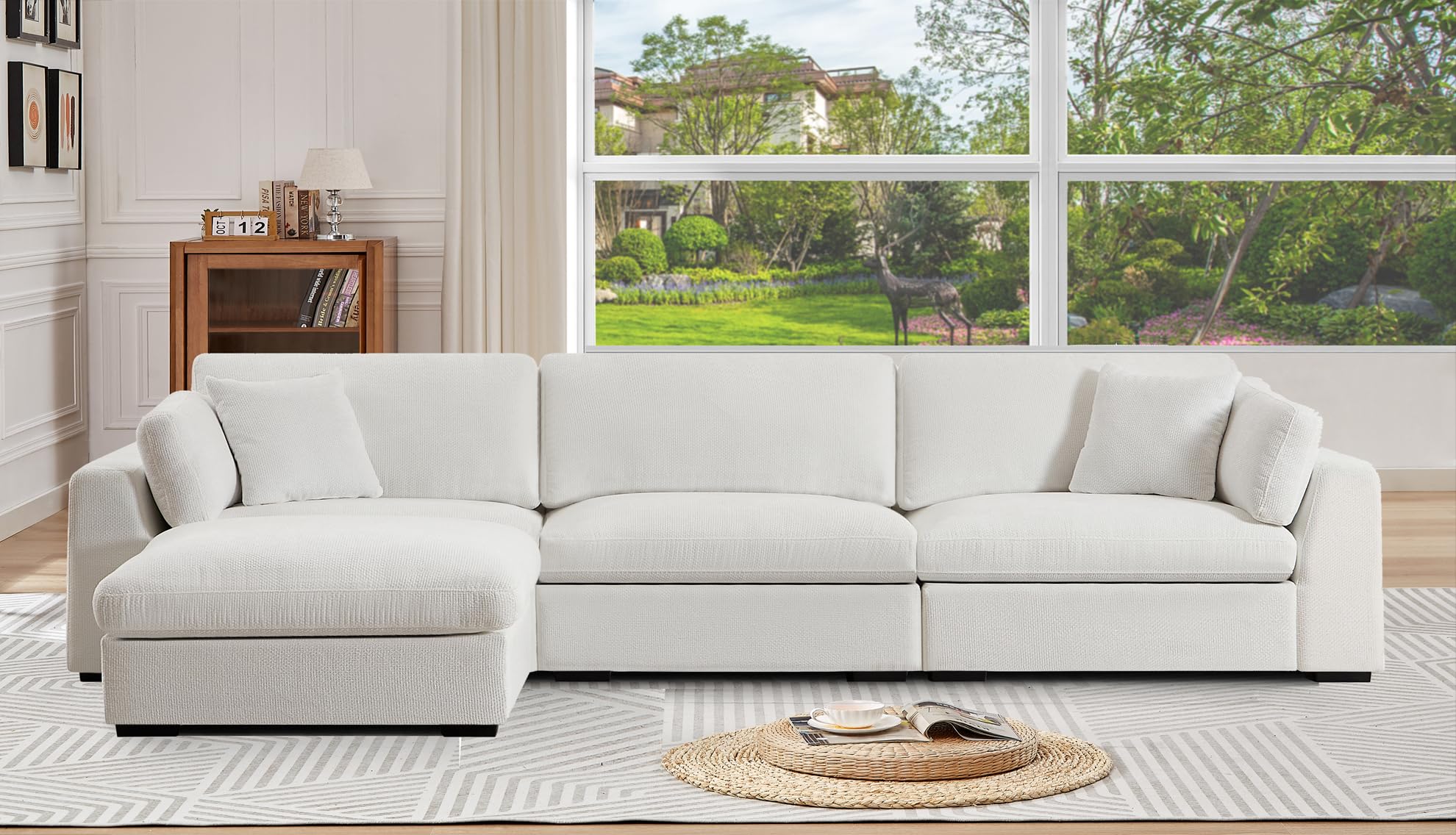 Sectional Sofa Deep Couch with Chaise Modular Sectional Couch with Extra Large Ottoman Corduroy Sectioanl Sofa Sleeper Couch for Living Room Apartment (White, 3 Seater with Ottoman)