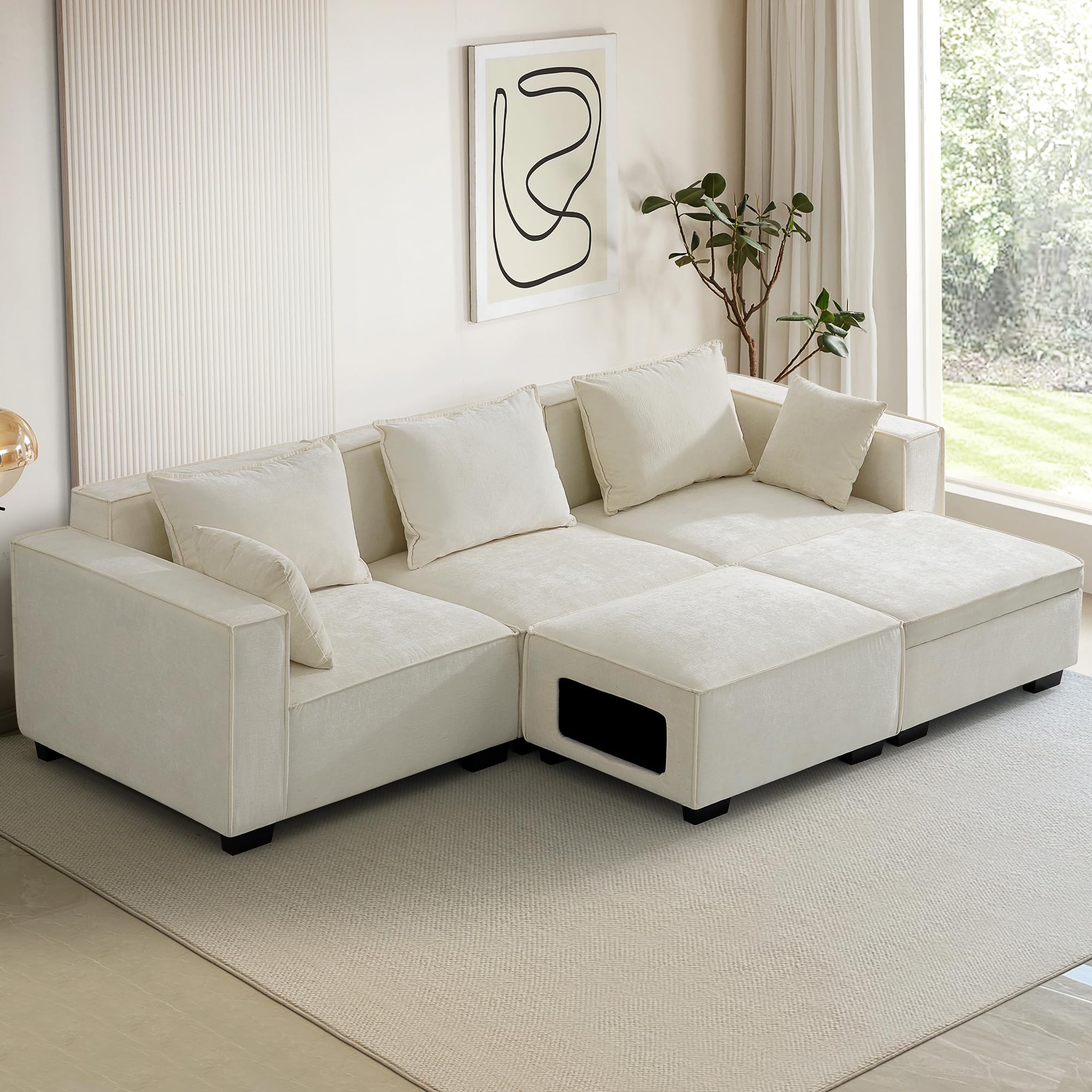 MEROUS Modular Sectional Sofa 108.6" Oversized U Shaped Sofa Couch with Storage&Cathole Ottoman 5 Seat Modern Sofa Couch for Living Room,Washable Pillow Cover (Chenille, White)