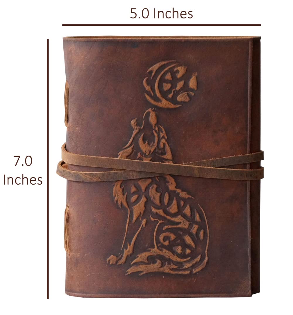 Famo Handicraft Wolf Embossed Handmade Leather Bound Journal Writing Notebook Diary Notepads for Men & Women Blank Paper 7 x 5 Inches - Best Gift for Art Sketchbook & Vintage Handbook