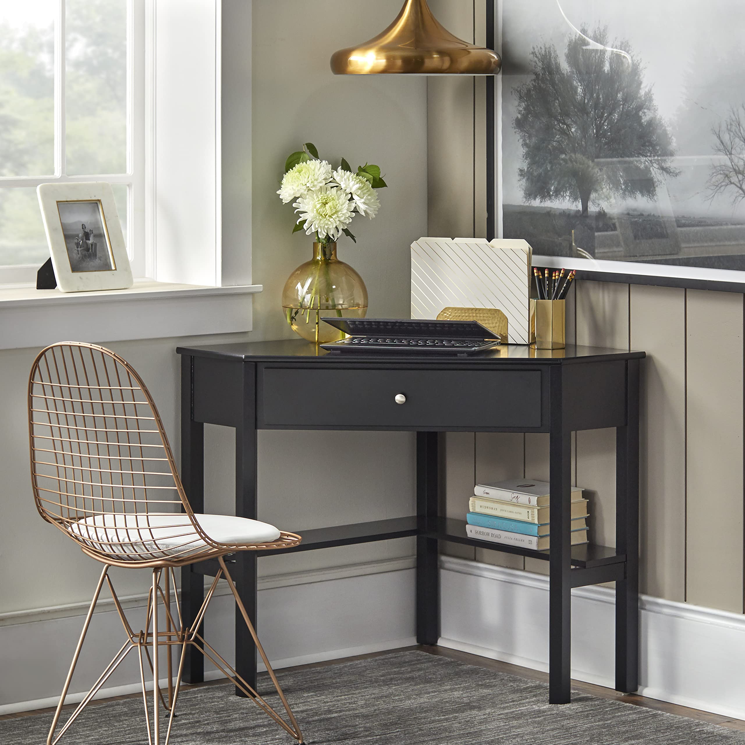 Target Marketing Systems Ellen Corner Desk Drawer and One Storage Shelf for Living Room, Bedroom, or Home Office, Small Computer Table, 42" W x 30" H, Antique Blue