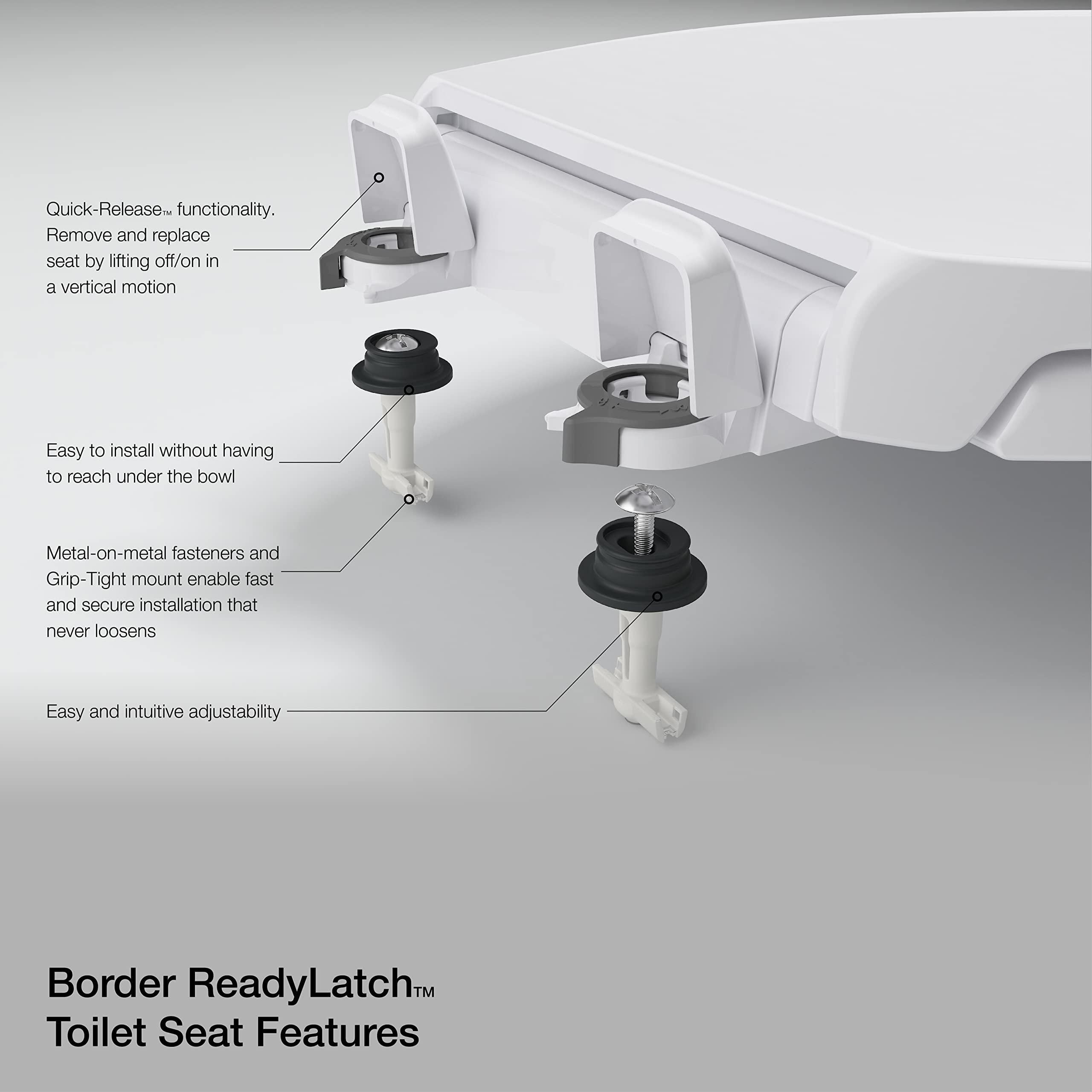 KOHLER 4734-RL-0 Rutledge ReadyLatch Elongated Toilet Seat, Quiet-Close Lid and Seat, Countoured Seat, Grip-Tight Bumpers and Installation Hardware, White