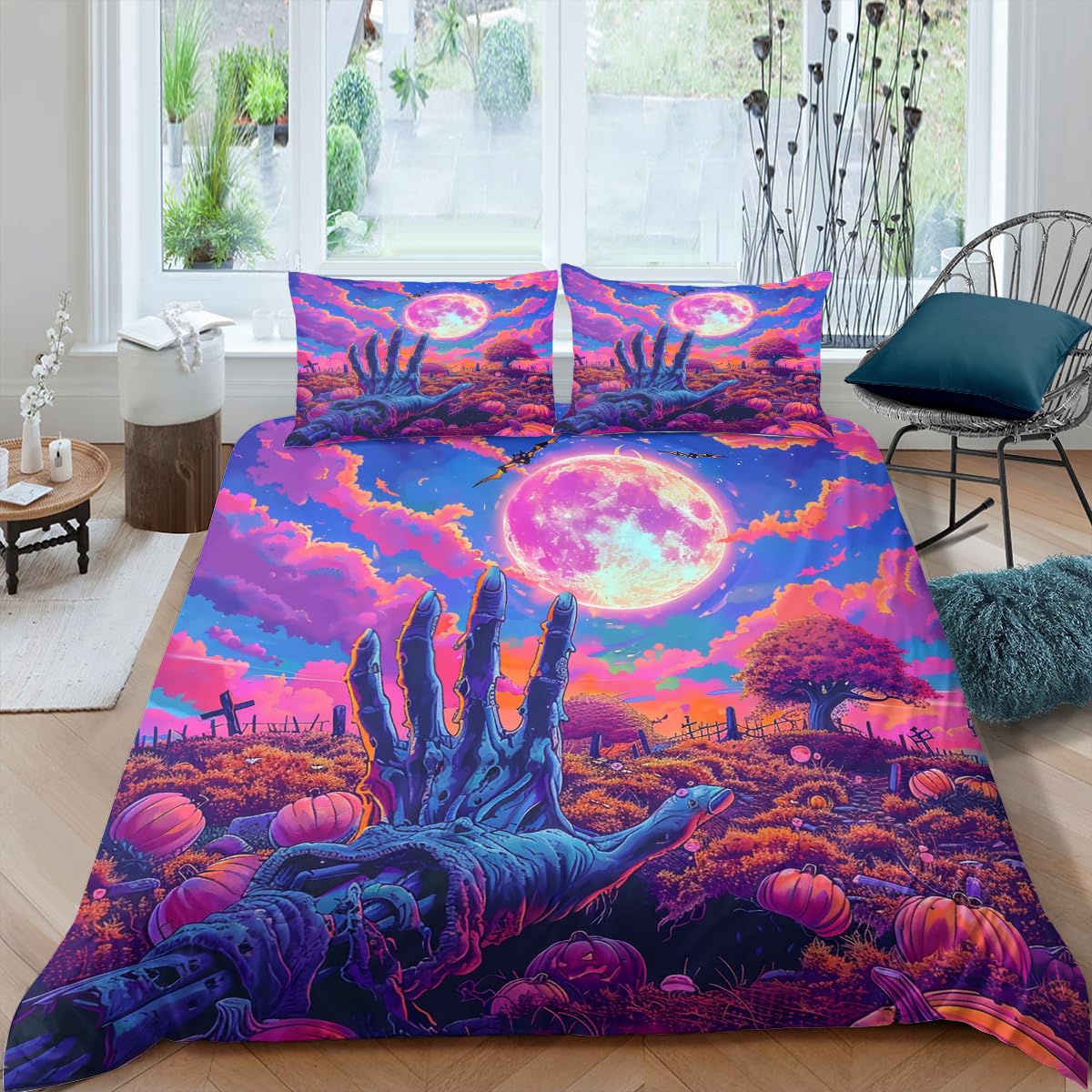 Menkala Zombie Hand Duvet Cover King Halloween Pumpkin Bedding Set Graveyard Undead Hand Comforter Cover Horror Scary Skull Pattern Bed Sets 3 Pieces Ultra Soft Washed Microfiber