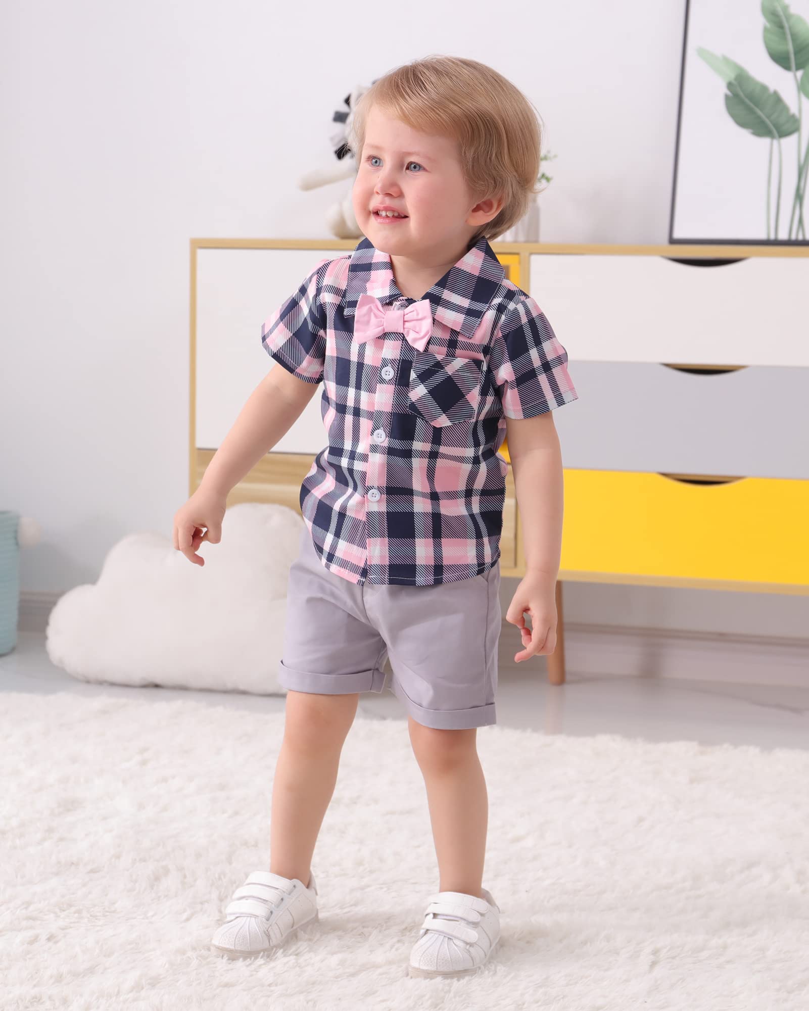 YUEMION Toddler Baby Boy Shorts Sets Outfit, Infant Kid Short Sleeve Shirt Top+shorts Suits