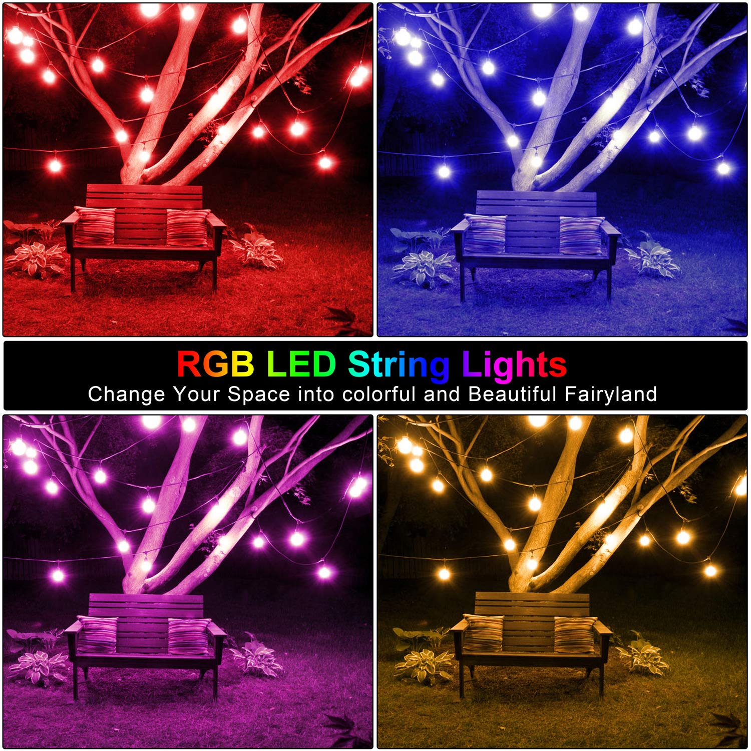 Mlambert 48FT Outdoor Patio Lights, RGB Cafe String Lights with 15 E26 S14 Shatterproof Edison Bulbs, Commercial Grade Dimmable String Lights for Bistro Backyard Garden, 2 Remote Controllers