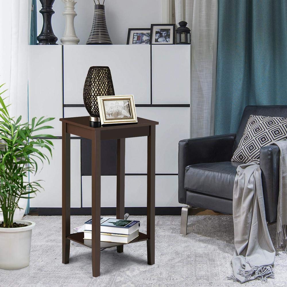 Topeakmart 2-Tier Tall End Table with Storage Shelf and Solid Wood Legs, Sofa Side Table Telephone Table for Living Room/Couch/Hallway/Small Spaces, D12xW15xH29 Inches, Dark Coffee