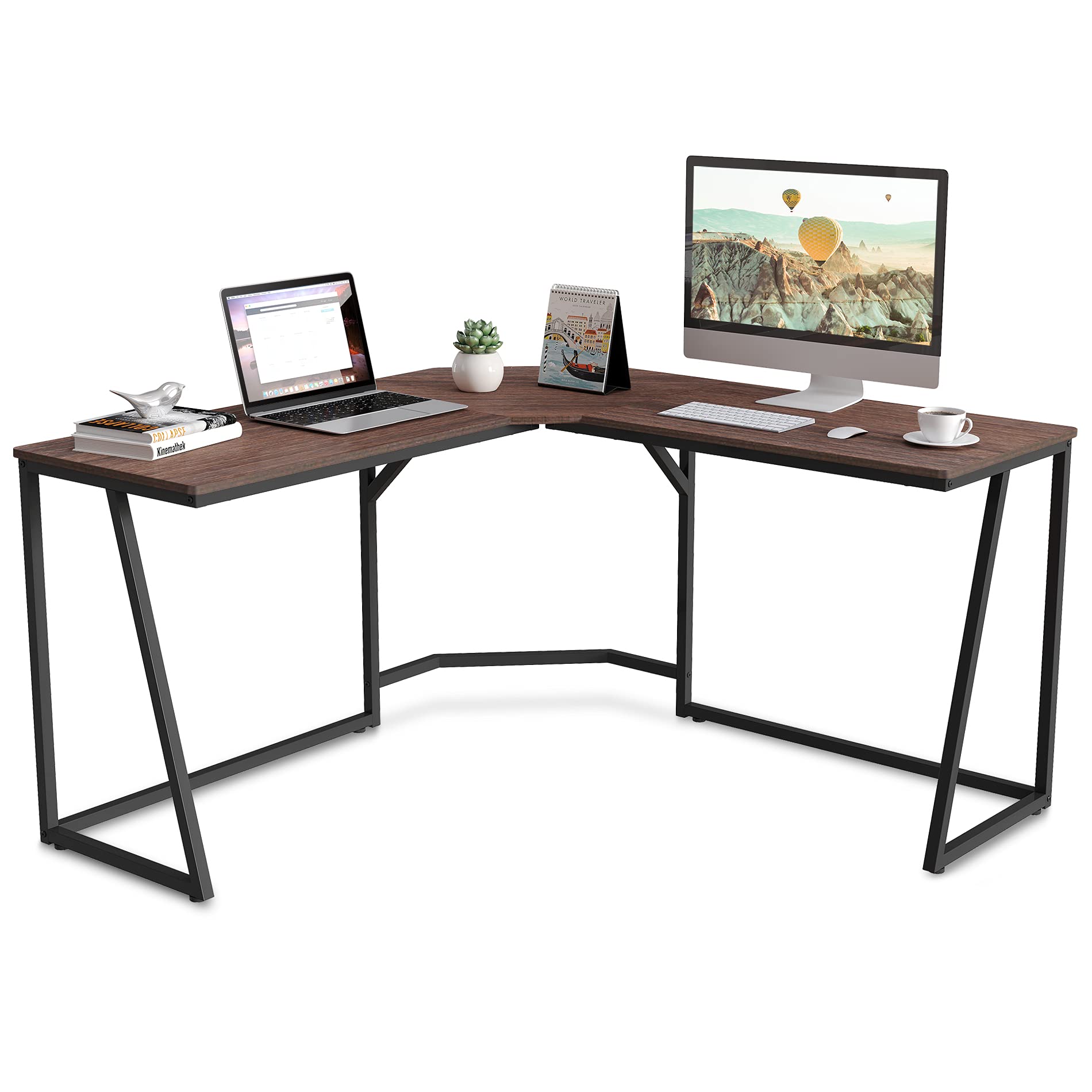 FITUEYES L-Shaped Office Desk,54.9" Corner Gaming Table,Writing Workstation for Small Space,Retro Brown